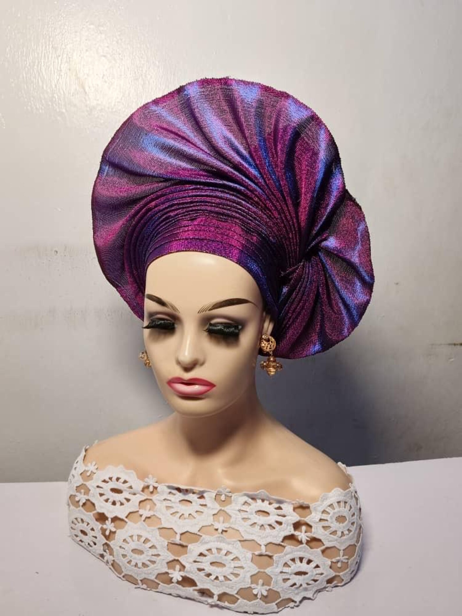 African Nigeria Purple Aso Oke Party Auto Gele Ready to Wear Headpiece ...