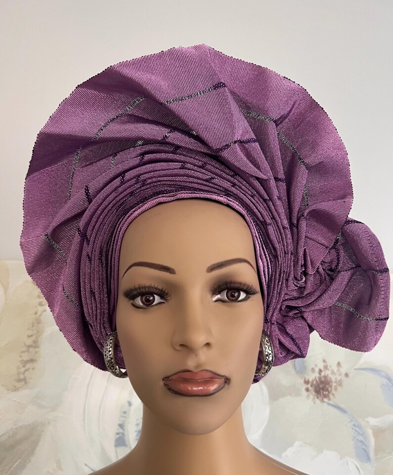 African Nigerian Purple With Stripes Party Auto Gele | Ready to Wear ...