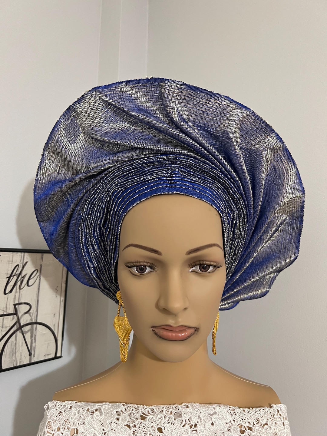 African Nigeria Blue Chrome Bridal Aso Oke Party Auto Gele | Ready to ...