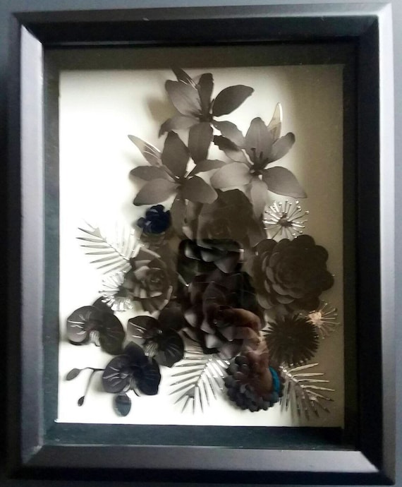 Shadow Box Frame Wall Art Handcrafted Black Orchids Roses Silver Leaves on White Background 3 D Flower Arrangement Home Office Nursery Decor Etsy