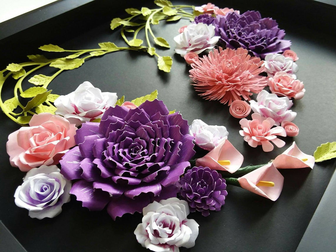 Shadow Box Frame 3-D Paper Flower Wall Art Handcrafted Foliages Heart ...