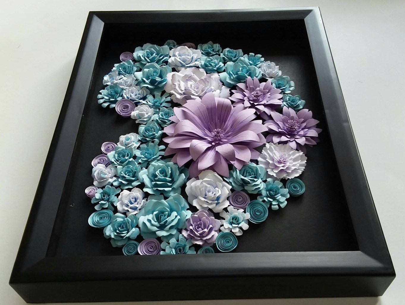 Shadow Box Frame 3-D Flower Wall Art Handcrafted Lavender & Blue Heart ...