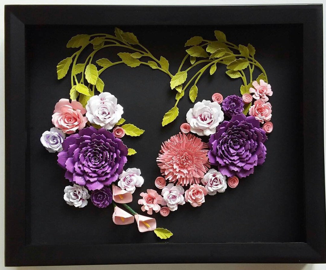 Shadow Box Frame 3-D Paper Flower Wall Art Handcrafted Foliages Heart ...