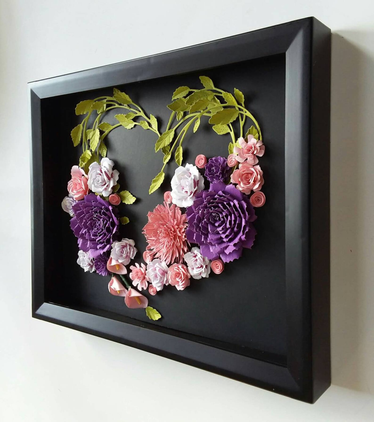 Shadow Box Frame 3-D Paper Flower Wall Art Handcrafted Foliages Heart ...
