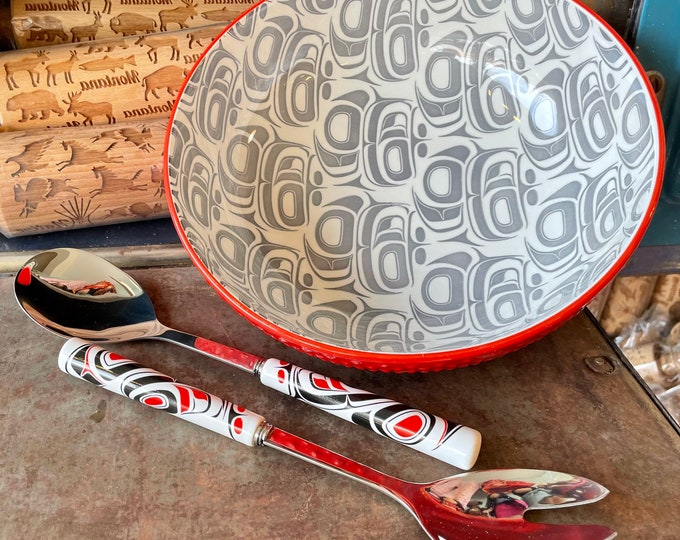 Native Art Serving Set Ceramic and Metal Salad Dish and Utensils ...