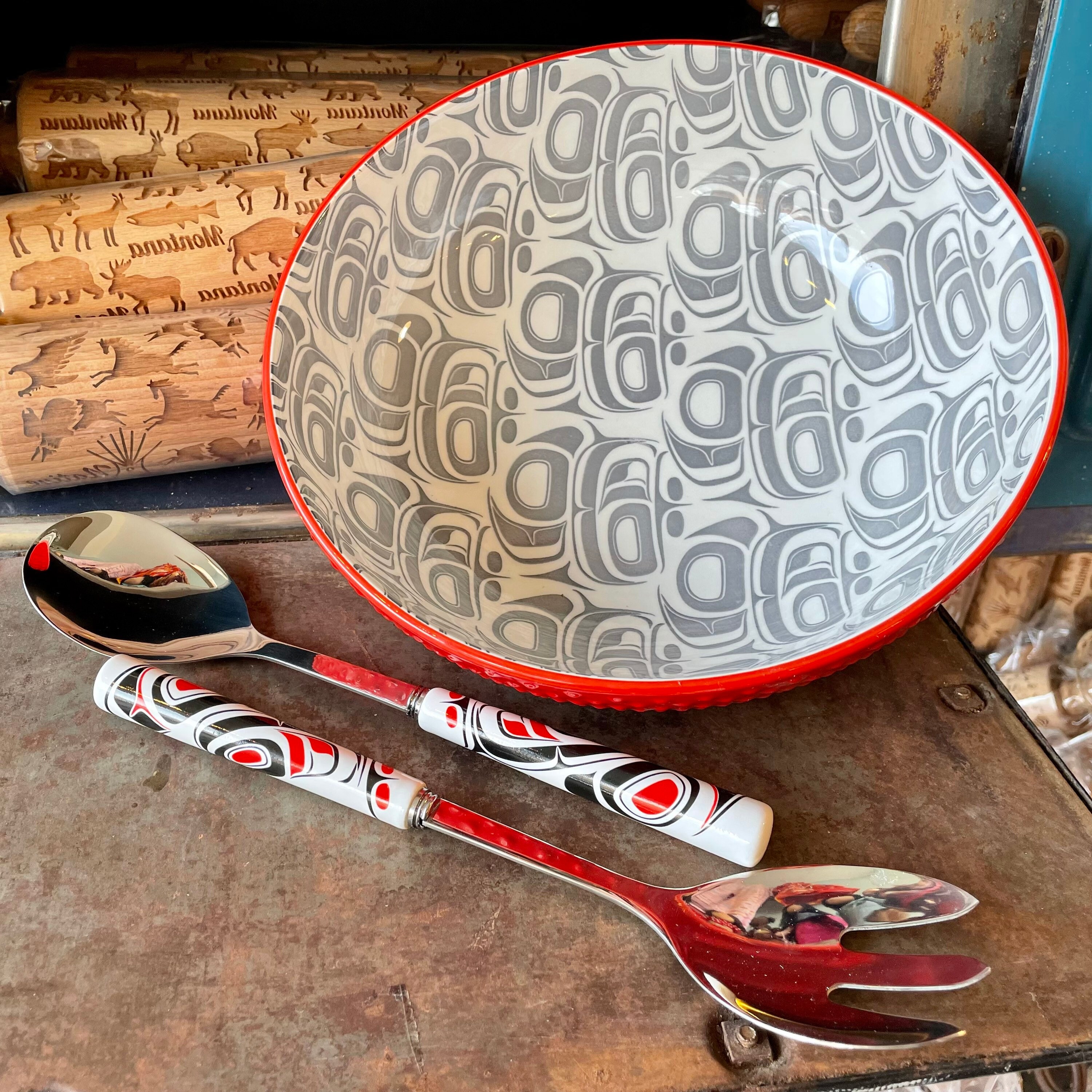 Native Art Serving Set; Ceramic and Metal Salad Dish and Utensils ...