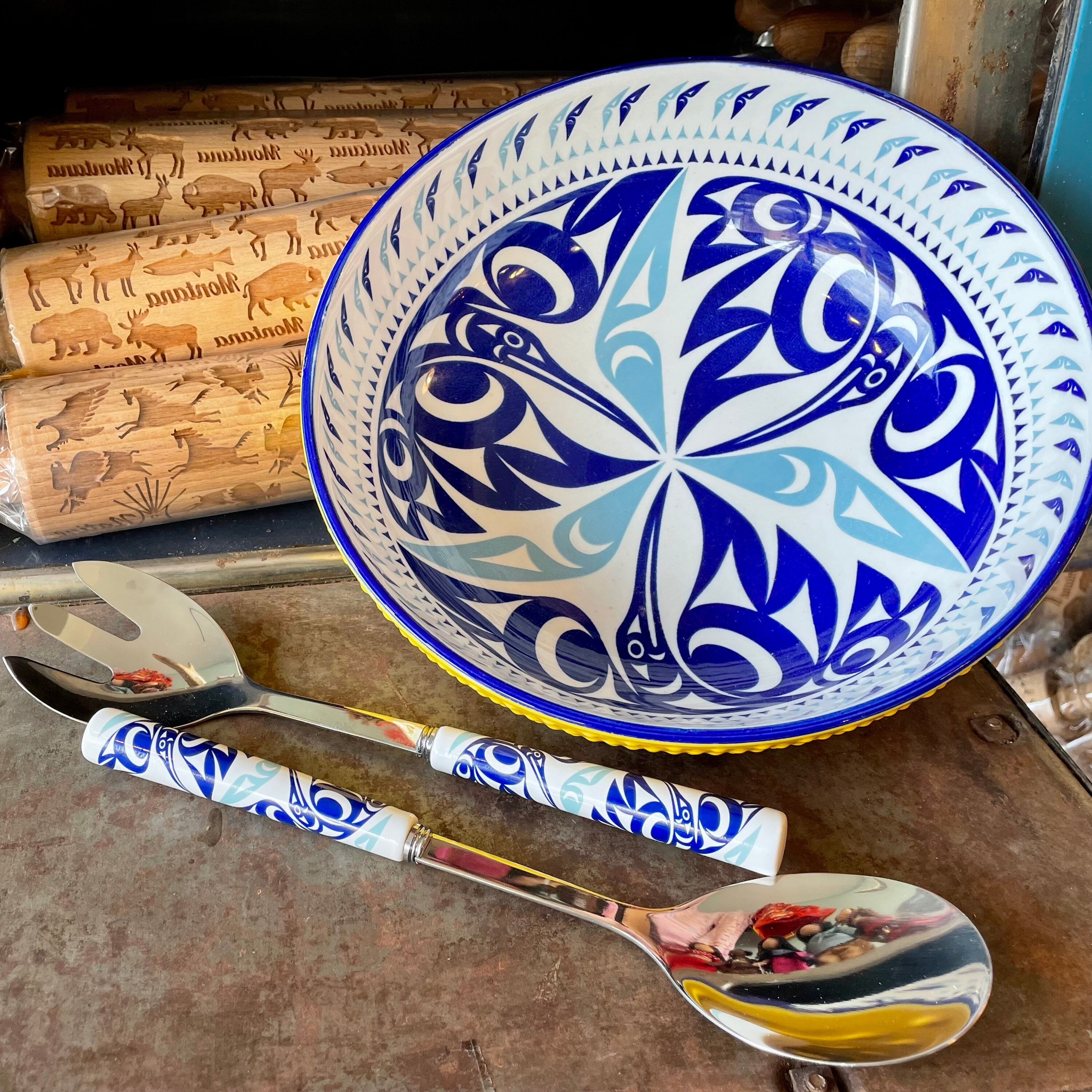 Native Art Serving Set; Ceramic and Metal Salad Dish and Utensils ...