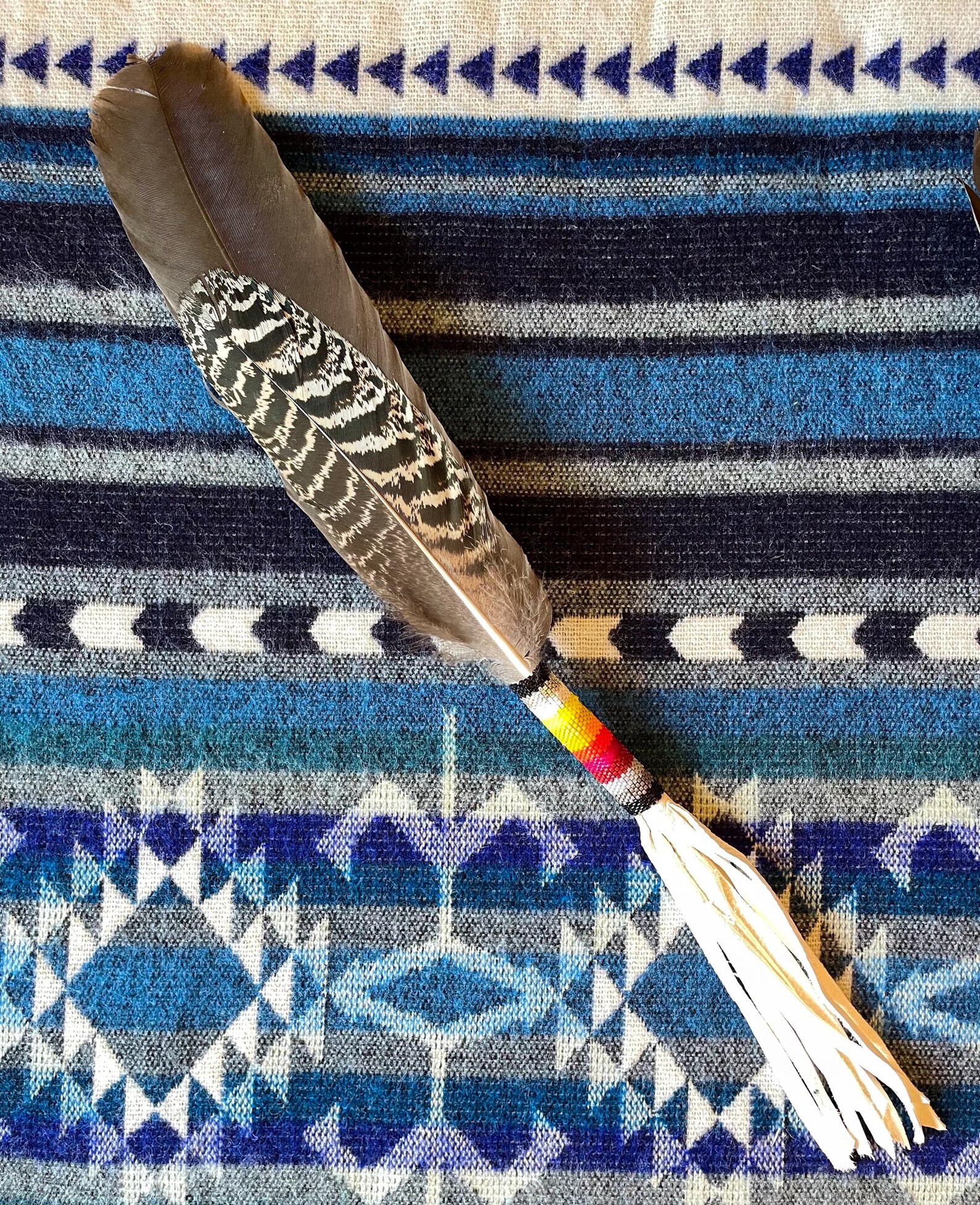 Smudge Feather With Beaded Buckskin Handle; Native Made by Cree ...