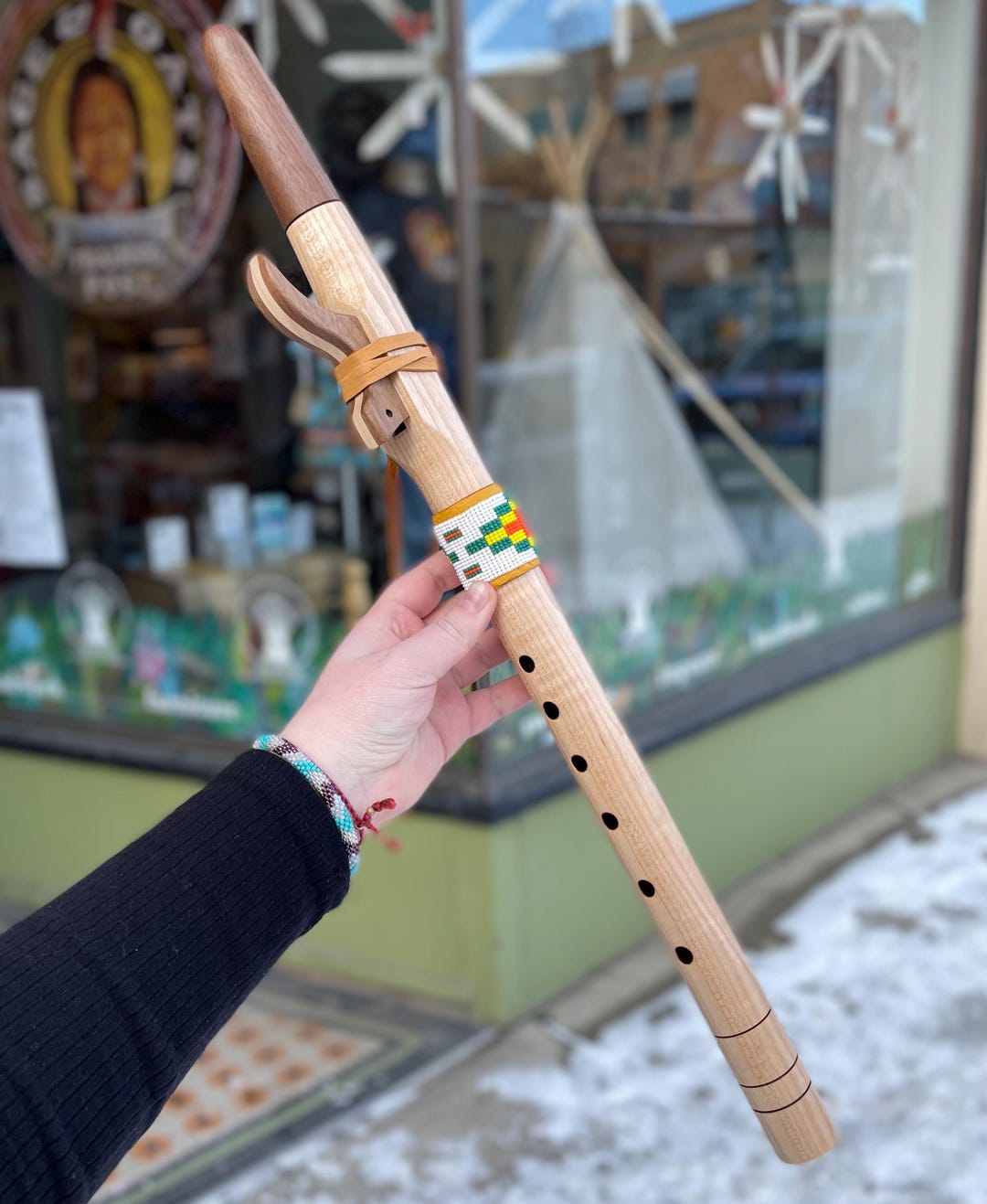 Montana Made Native Design Flute; Maple and Walnut W/ Beading; F# Minor ...