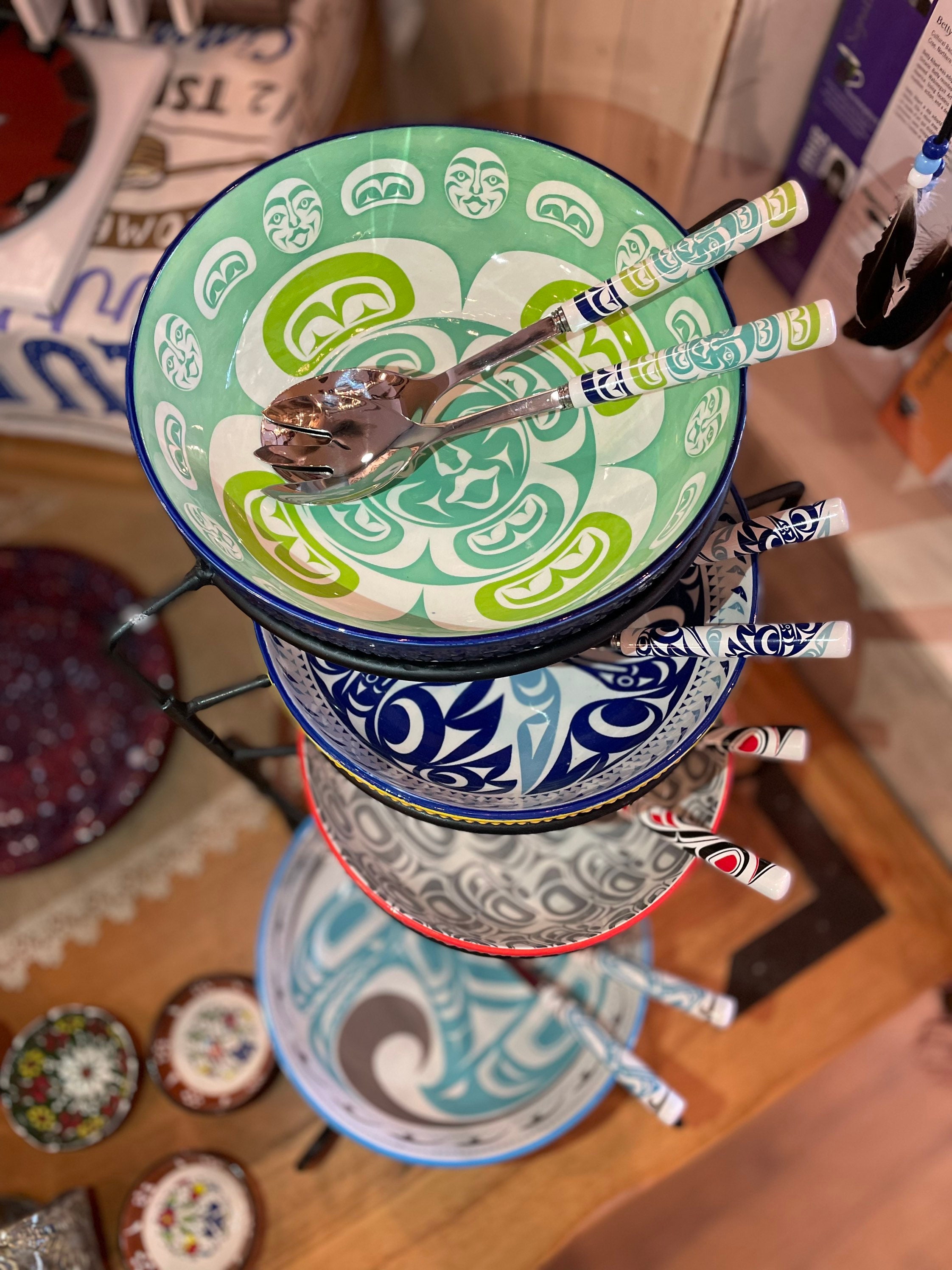 Native Art Serving Set; Ceramic and Metal Salad Dish and Utensils ...