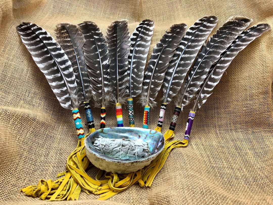 Smudge Feather With Beaded Buckskin Handle; Native Made by Cree ...