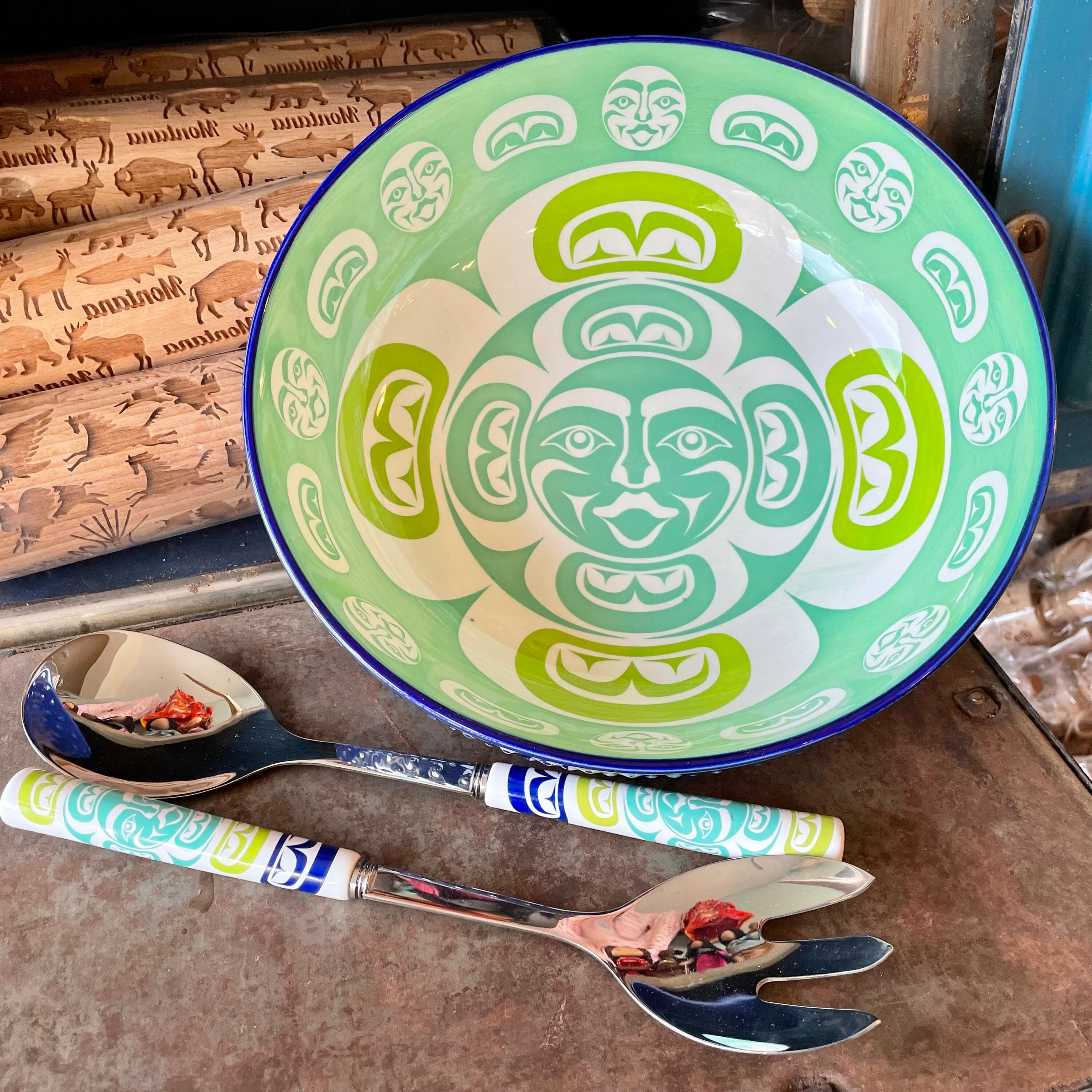 Native Art Serving Set; Ceramic and Metal Salad Dish and Utensils ...