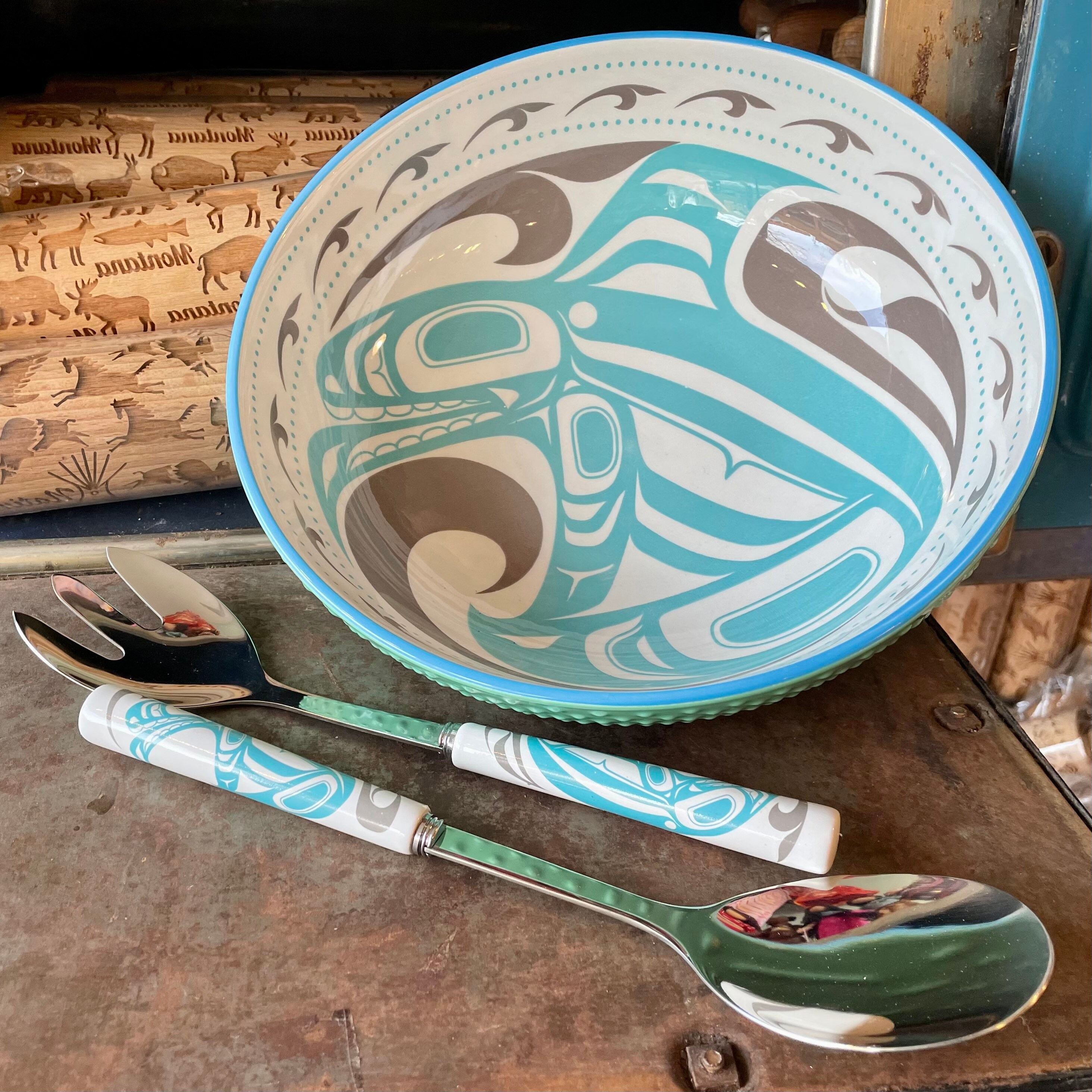 Native Art Serving Set; Ceramic and Metal Salad Dish and Utensils ...