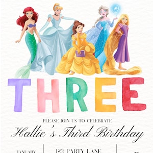 Princess 3rd Birthday Invitation: Fairytale Watercolor Design (digital ...