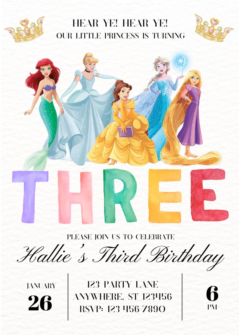 Princess 3rd Birthday Invitation: Fairytale Watercolor Design (digital ...