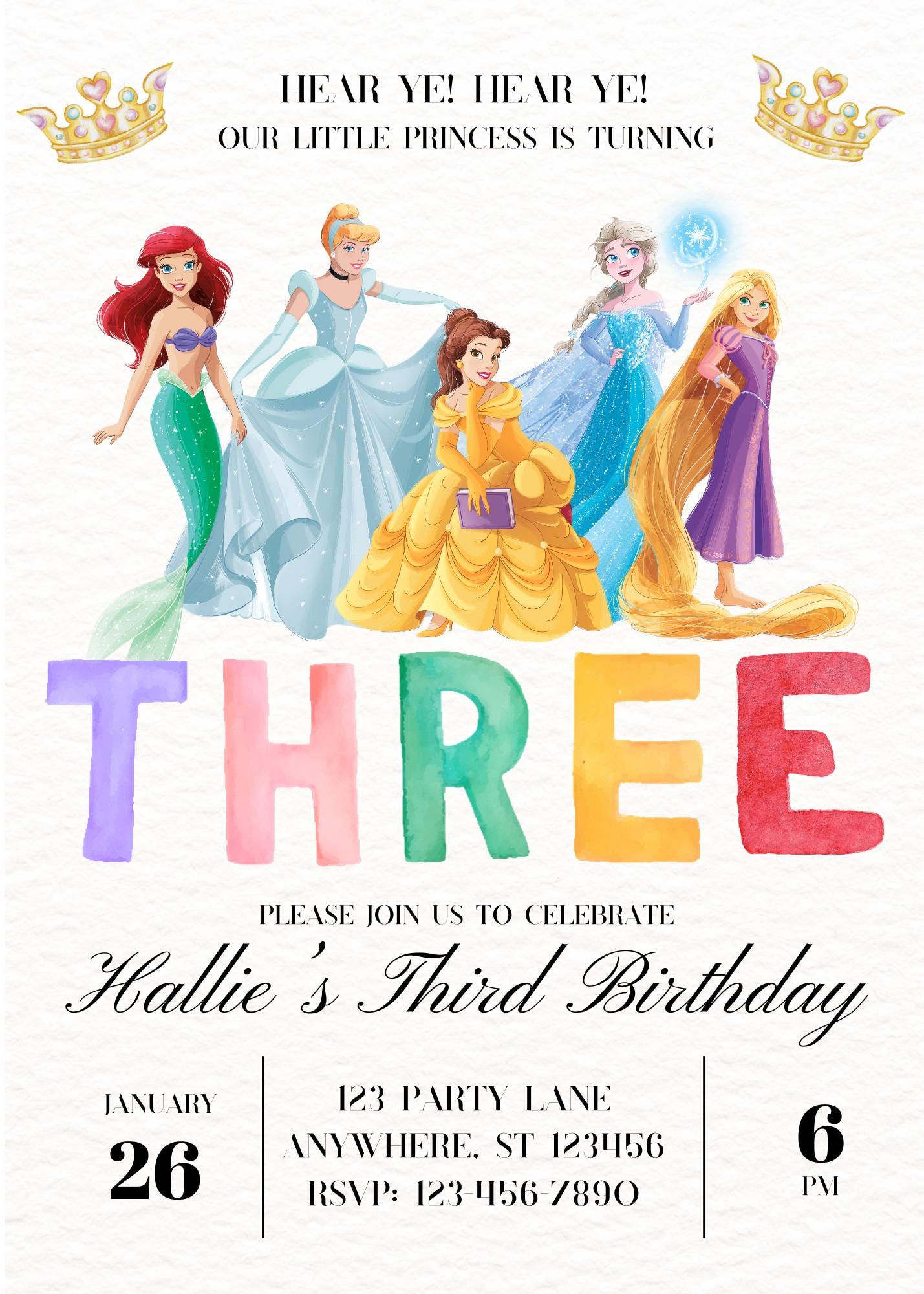 Princess 3rd Birthday Invitation: Fairytale Watercolor Design (digital ...