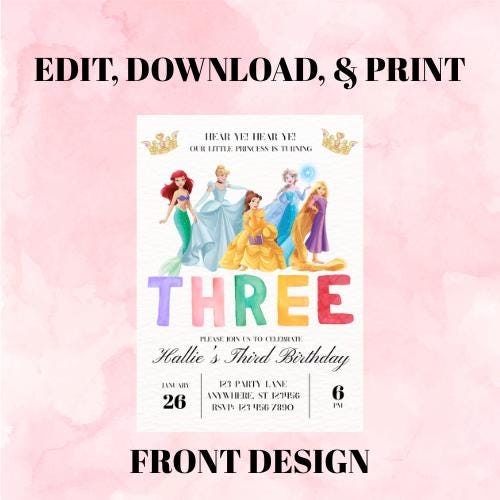 Princess 3rd Birthday Invitation: Fairytale Watercolor Design (digital ...