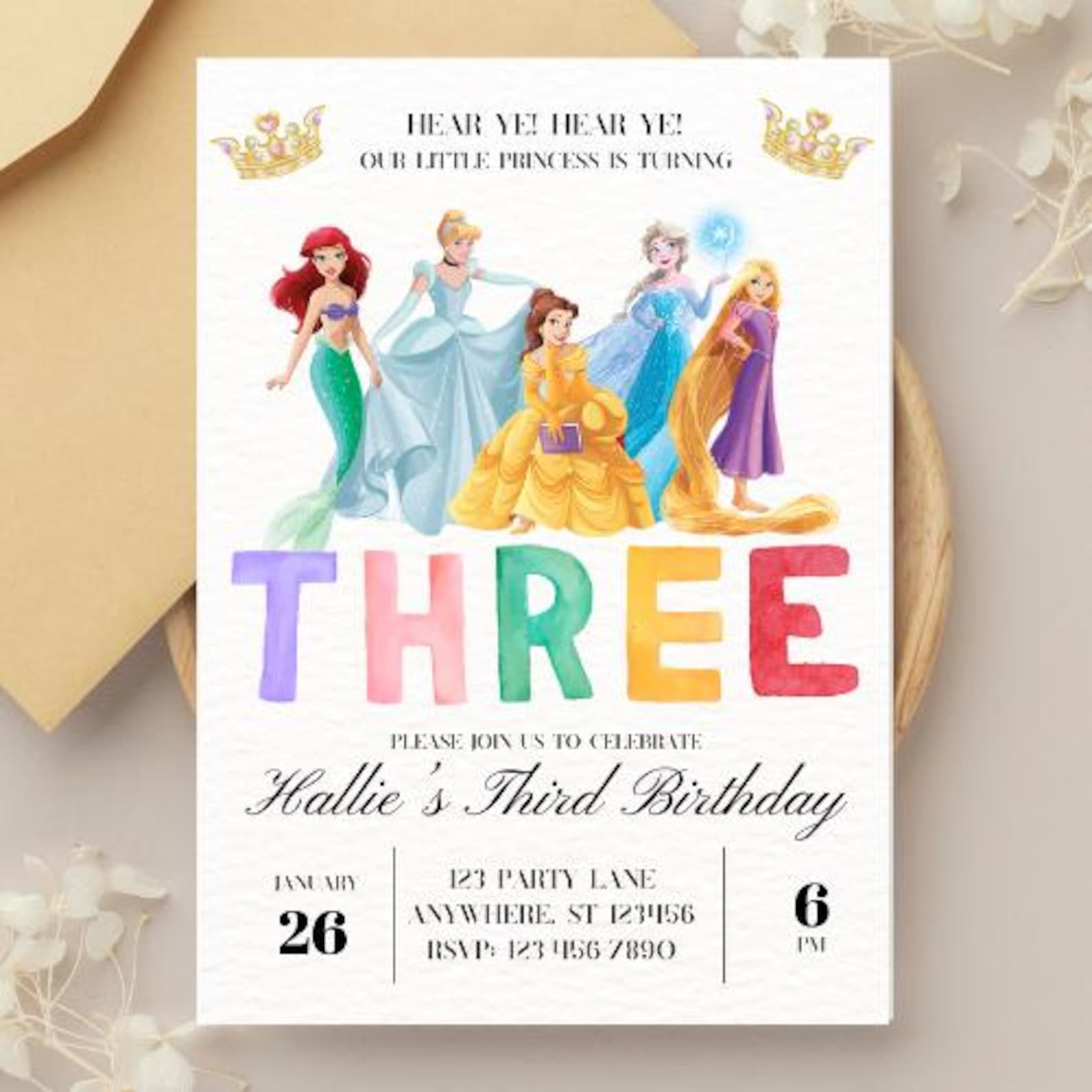 Princess 3rd Birthday Invitation: Fairytale Watercolor Design (digital ...