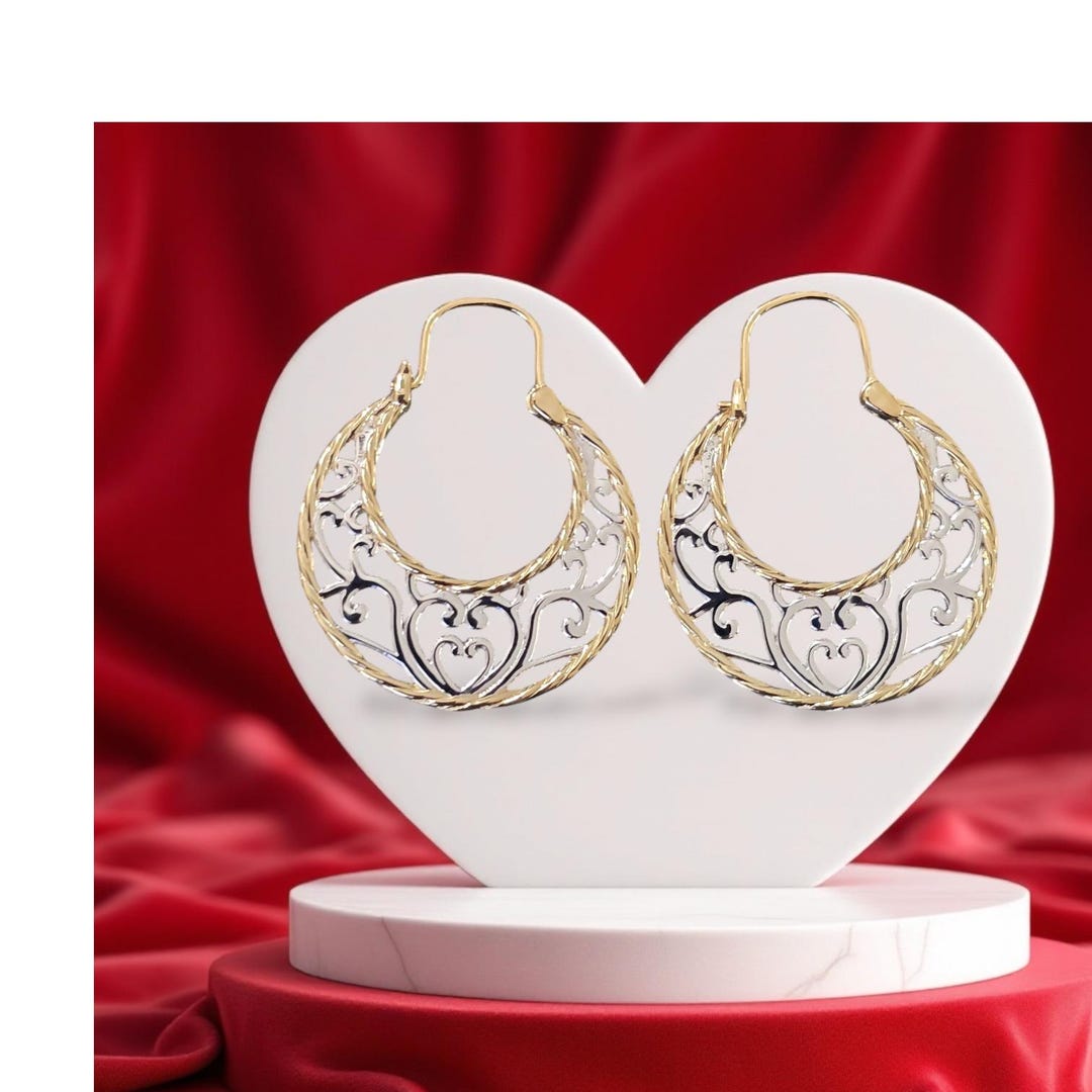 Cuban Earrings 14kt Gold Vermeil and Silver Two Tone Filigree Earrings ...