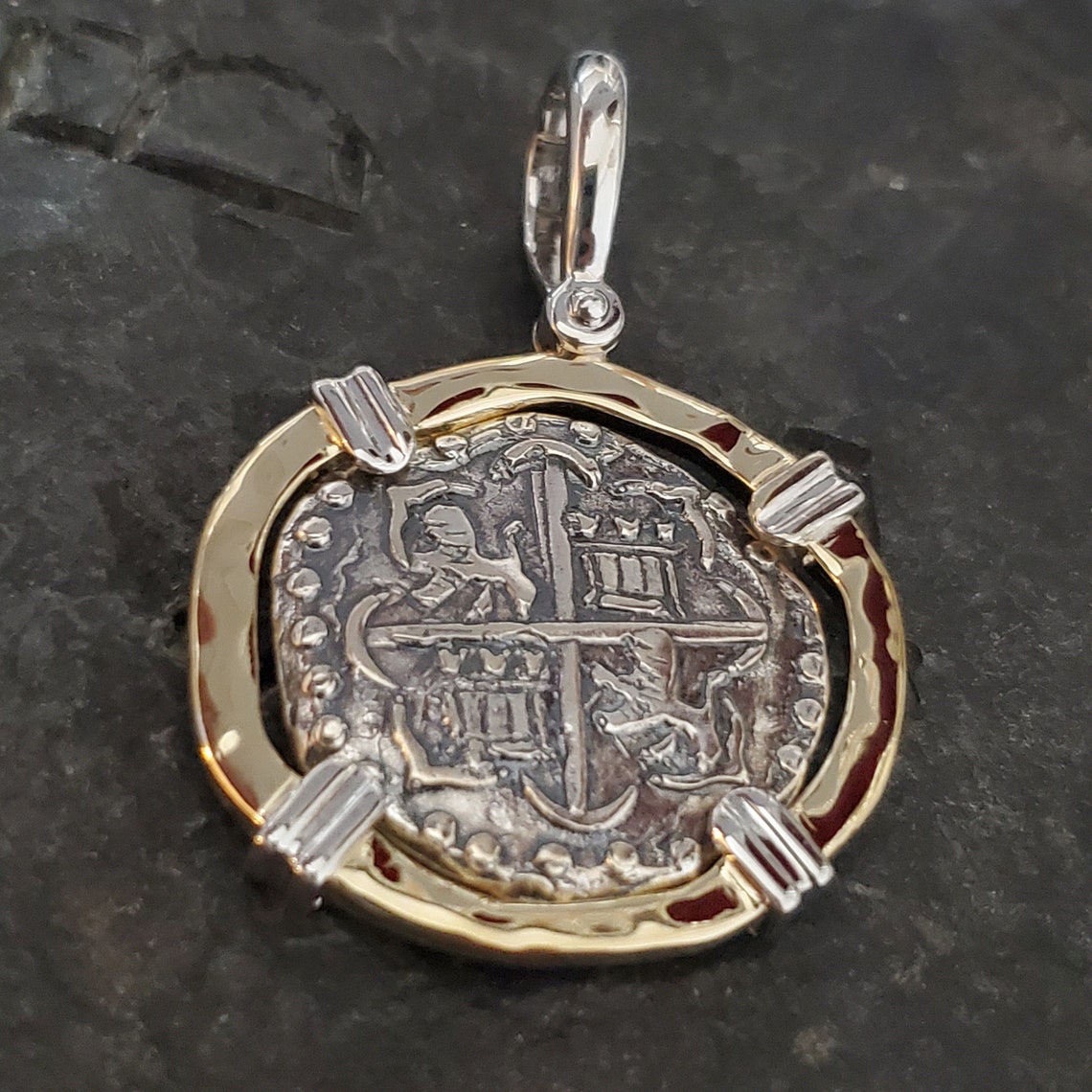 Atocha Coin Pendant, 14kt Gold Overlay, Hammered Sterling Silver Bezel ...