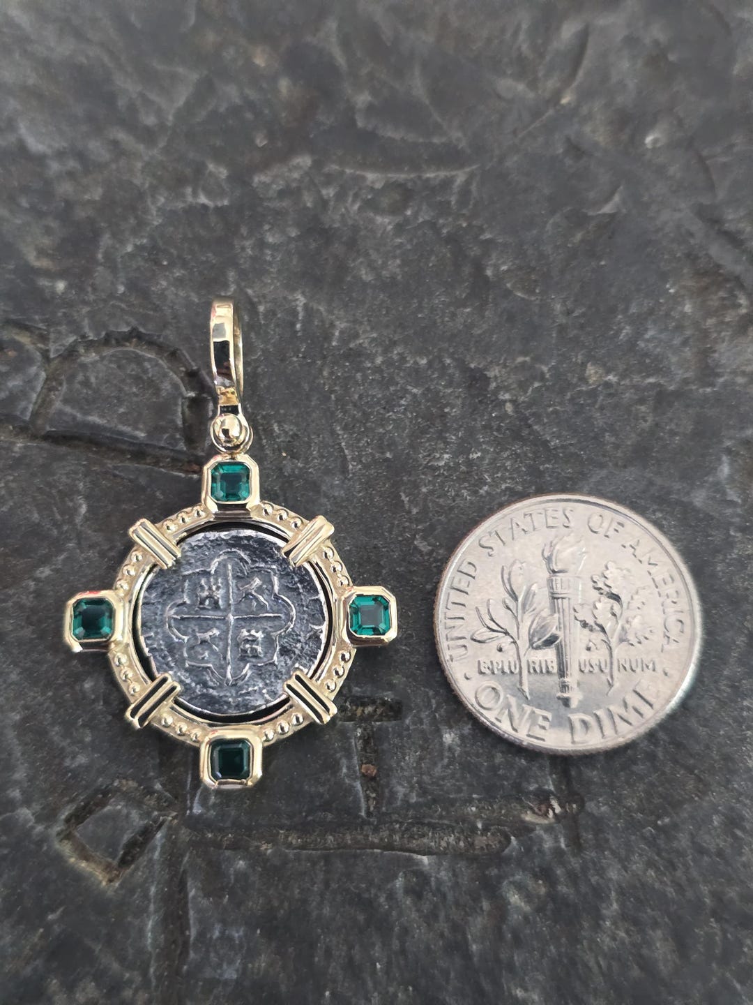 Atocha 14kt Gold Overlay Green Emerald Cut Topaz Treasure Coin Pendant ...