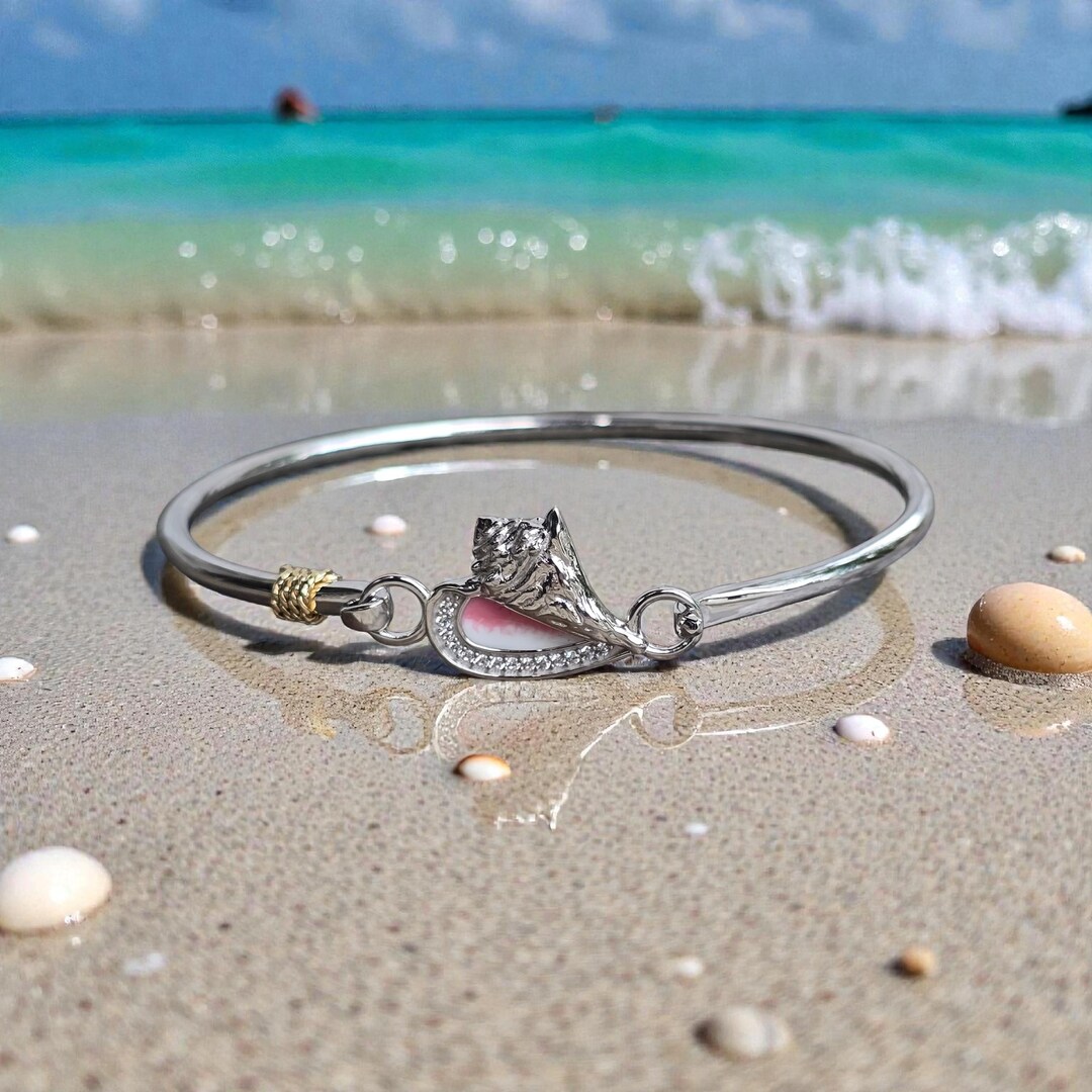 Conch Shell Hook Bangle Pink Enamel White Sapphires - Etsy