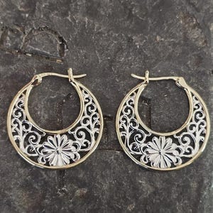Cuban Earrings 14kt Gold Vermeil and Silver Two Tone Filigree Earrings ...