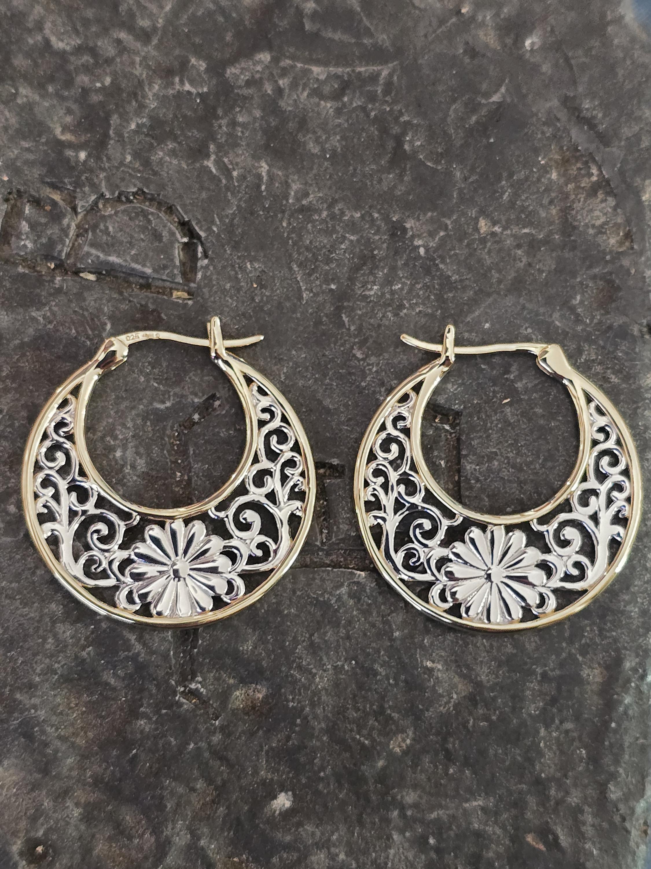 Cuban Earrings 14kt Gold Vermeil and Silver Two Tone Filigree Earrings ...