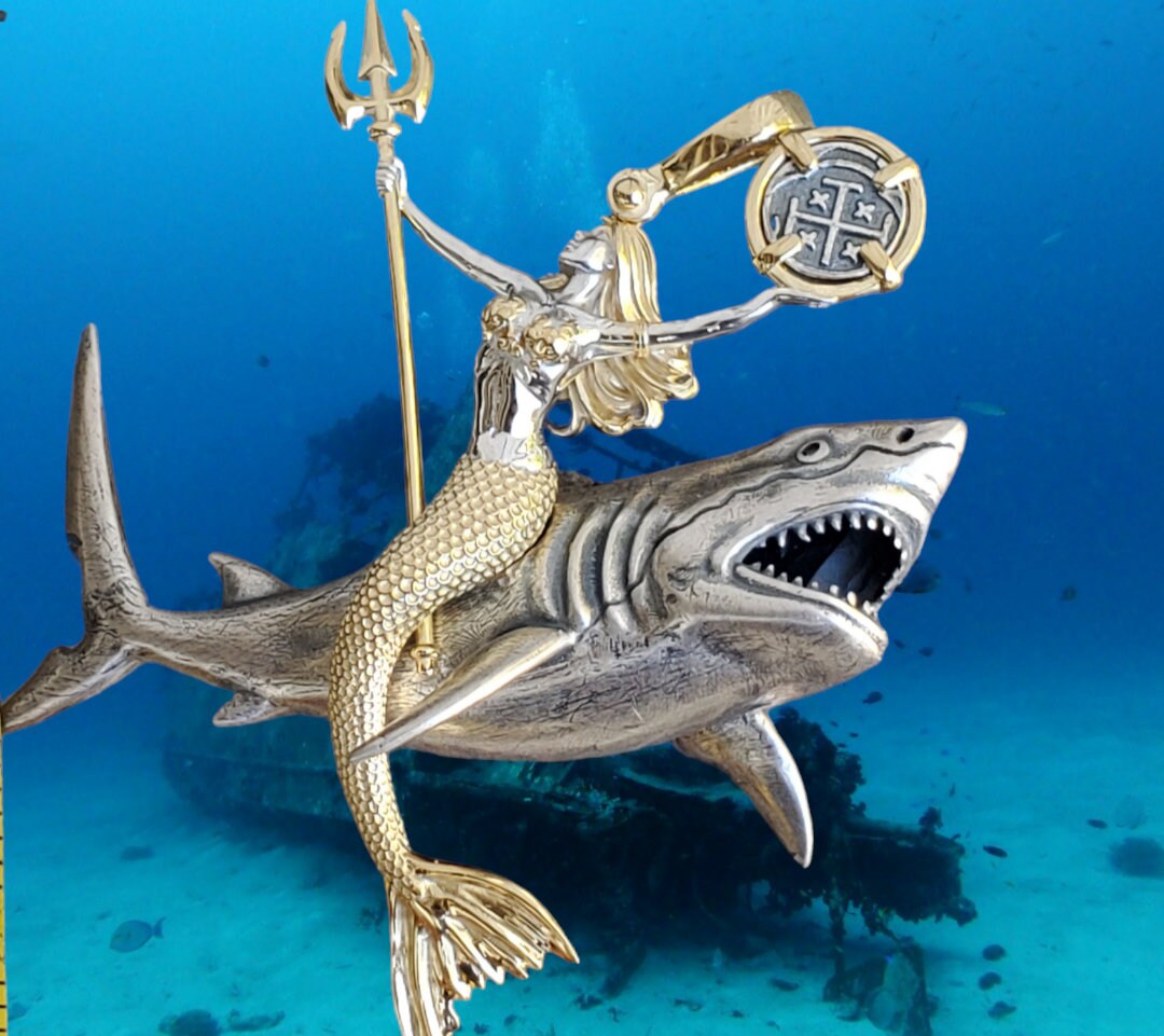 Atocha Silver Mermaid & Shark Pendant - 14kt Gold Vermeil, Trident - Etsy