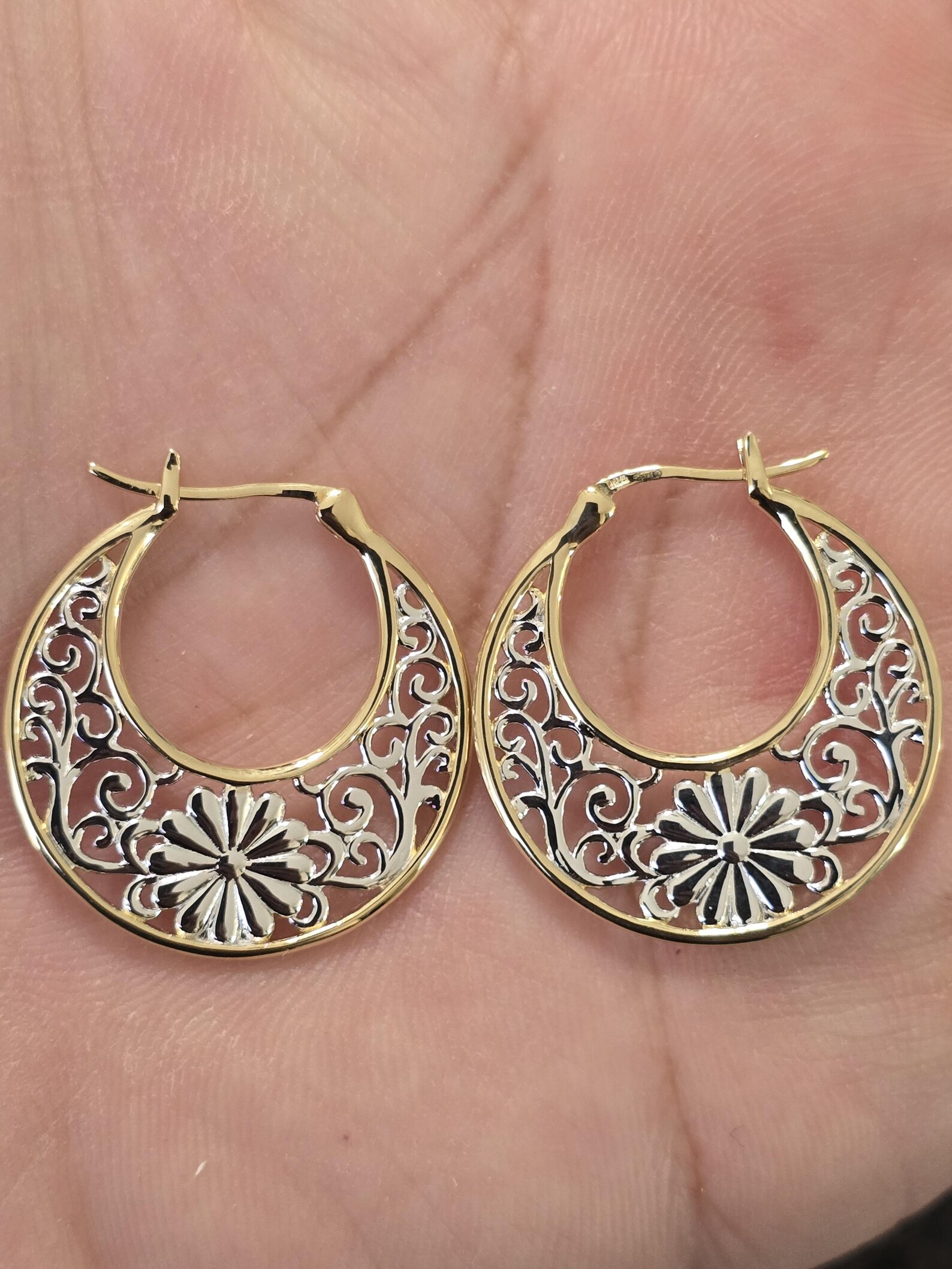 Cuban Earrings 14kt Gold Vermeil and Silver Two Tone Filigree Earrings ...