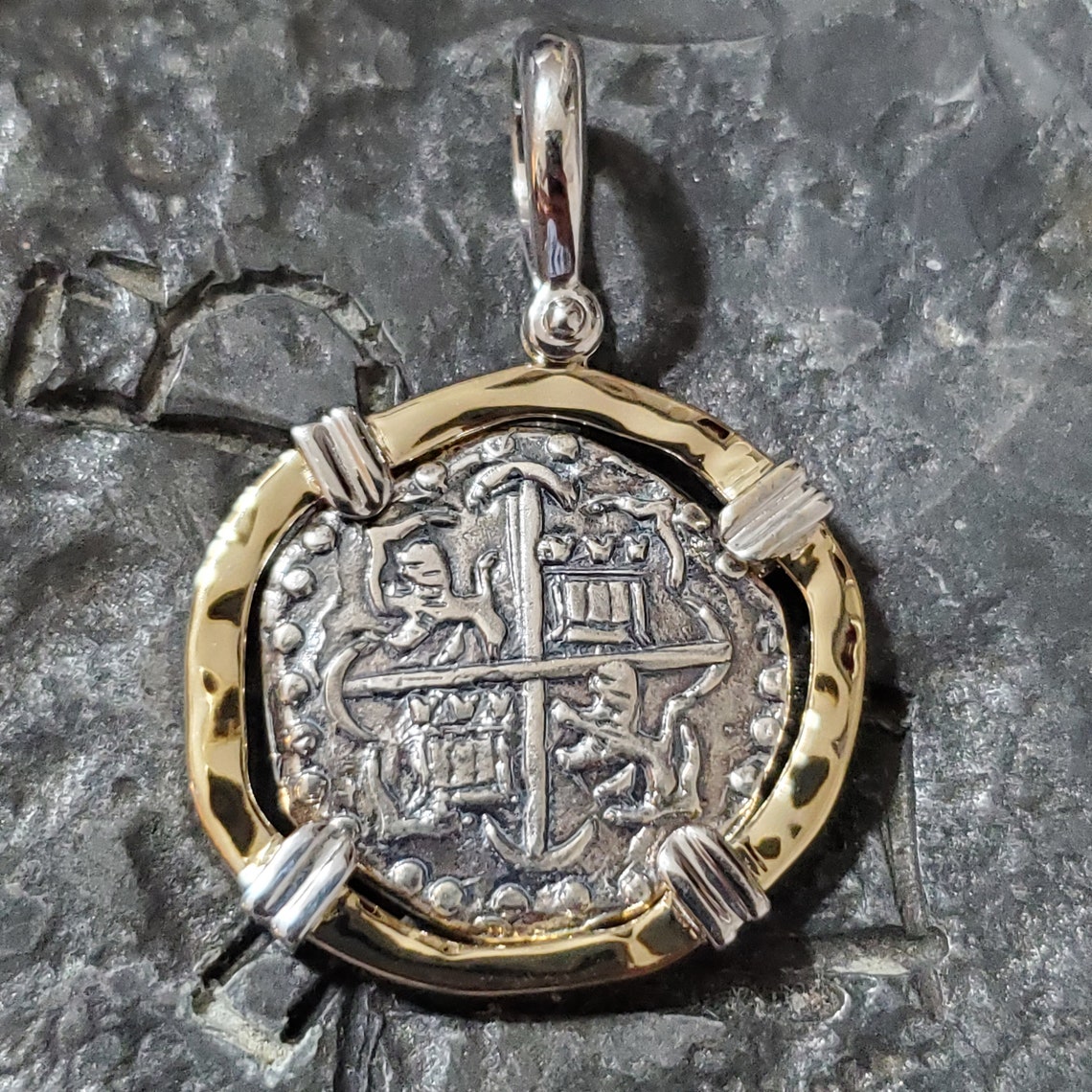 Atocha Coin Pendant, 14kt Gold Overlay, Hammered Sterling Silver Bezel ...