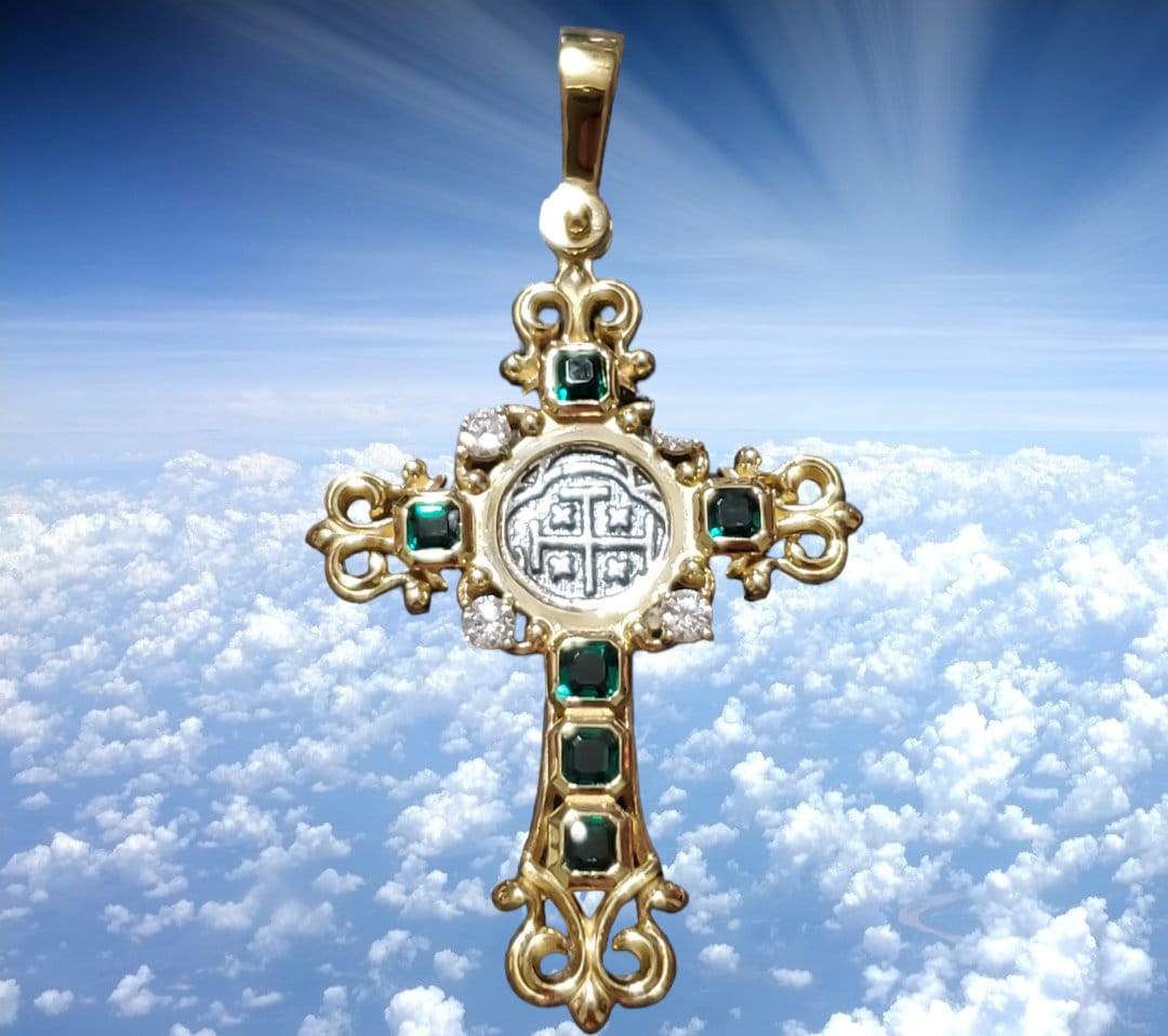 Atocha Shipwreck Silver Coin Cross Pendant: 14kt Gold Vermeil, Green ...