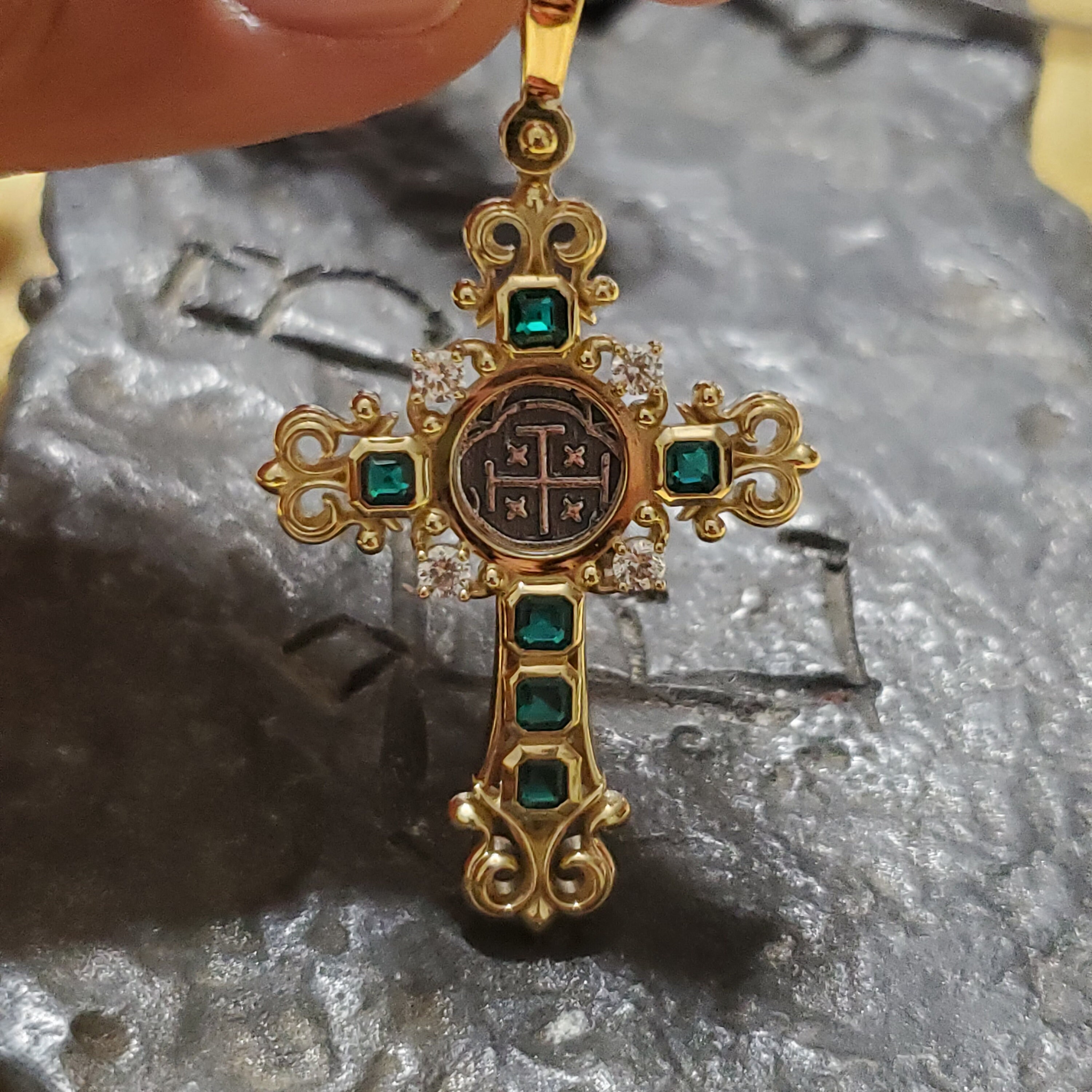 Atocha Shipwreck Silver Coin Cross Pendant: 14kt Gold Vermeil, Green ...