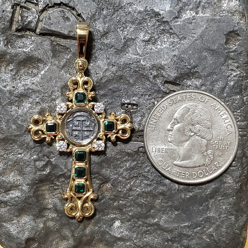 Atocha Shipwreck Silver Coin Cross Pendant: 14kt Gold Vermeil, Green ...