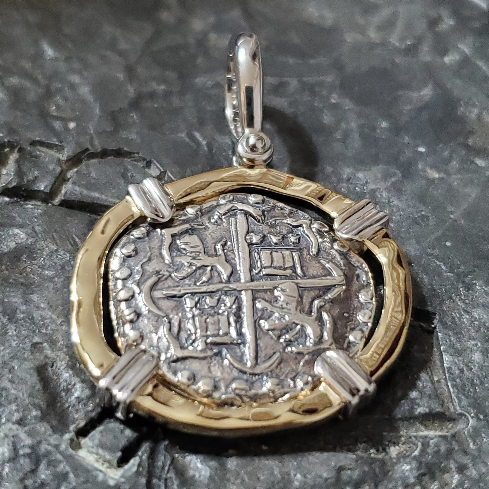 Atocha Coin Pendant, 14kt Gold Overlay, Hammered Sterling Silver Bezel ...