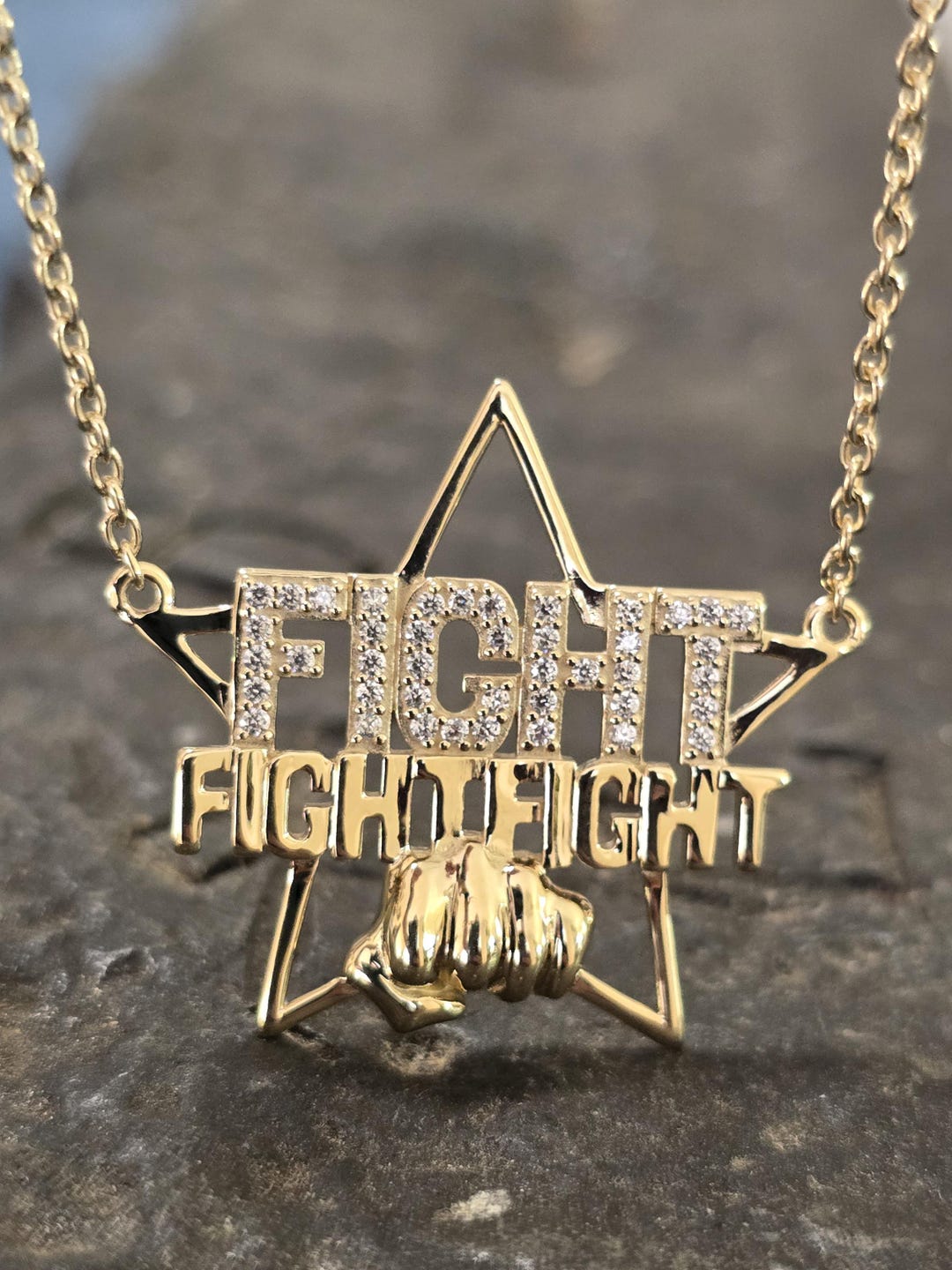 Fight Fist Pendant Necklace: 14kt Gold Vermeil, White Sapphire Stars - Etsy