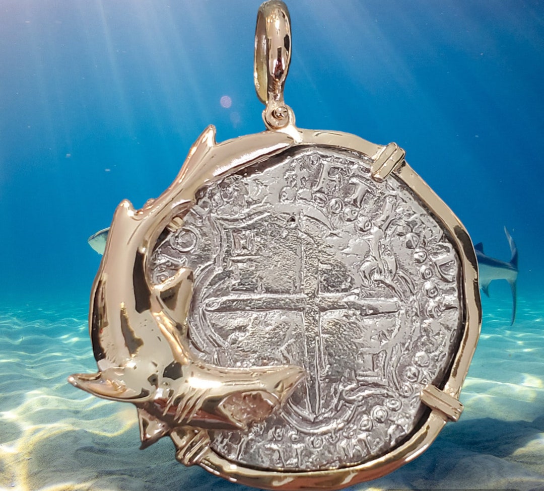 Large Solid 14 Gold Bezel Atocha Coin With Shark Pendant Shipwreck ...