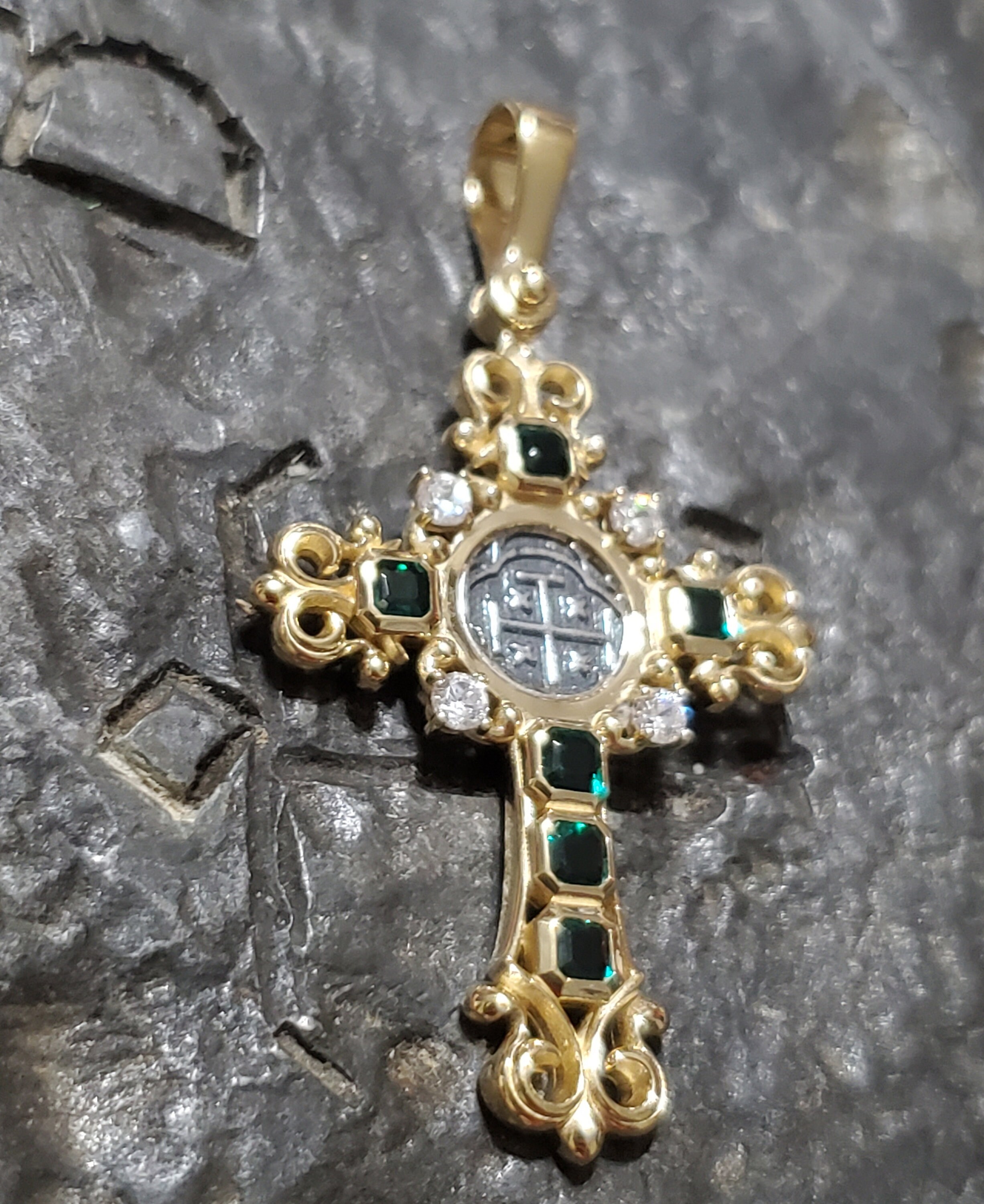Atocha Shipwreck Silver Coin Cross Pendant: 14kt Gold Vermeil, Green ...