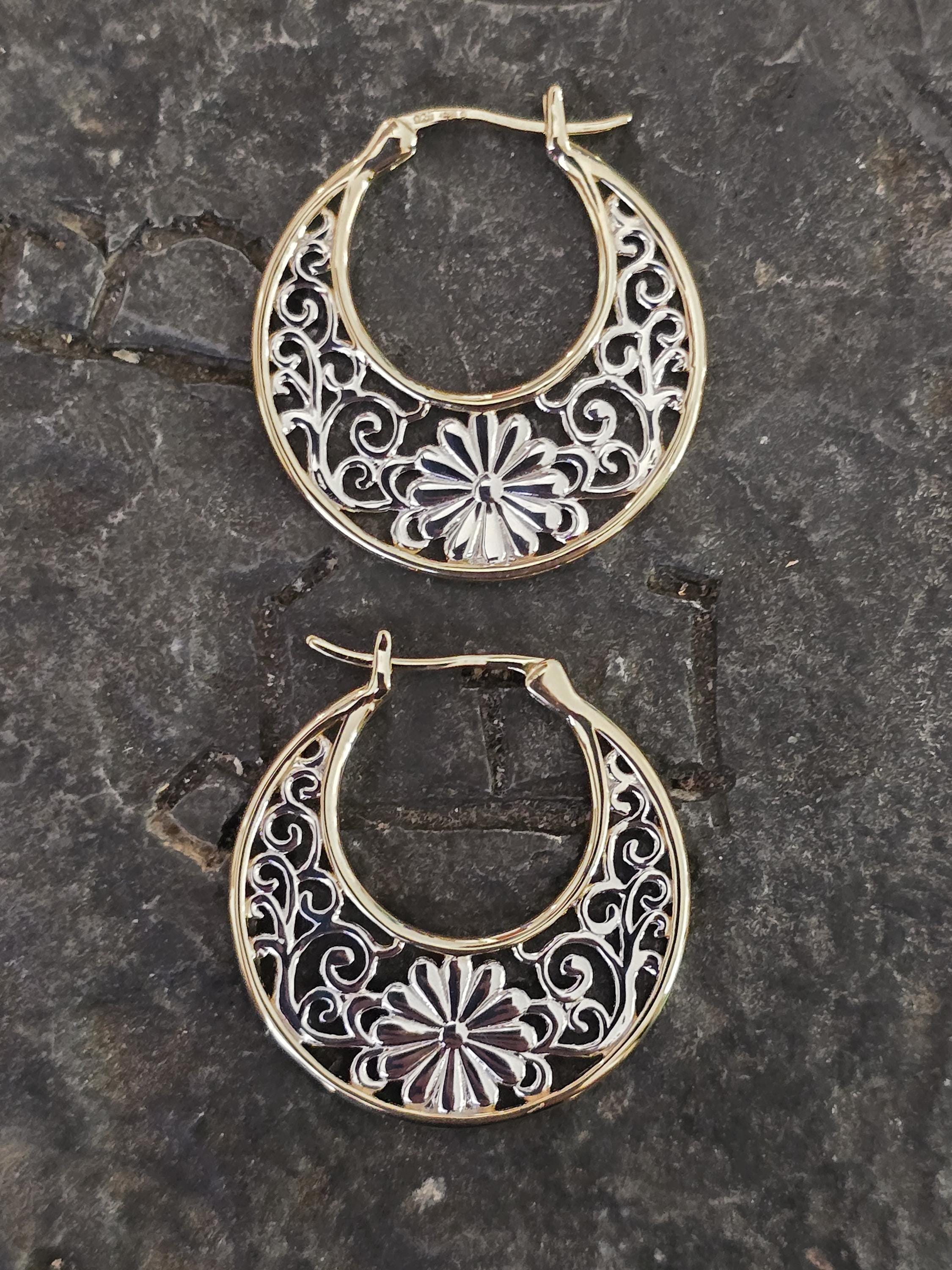 Cuban Earrings 14kt Gold Vermeil and Silver Two Tone Filigree Earrings ...