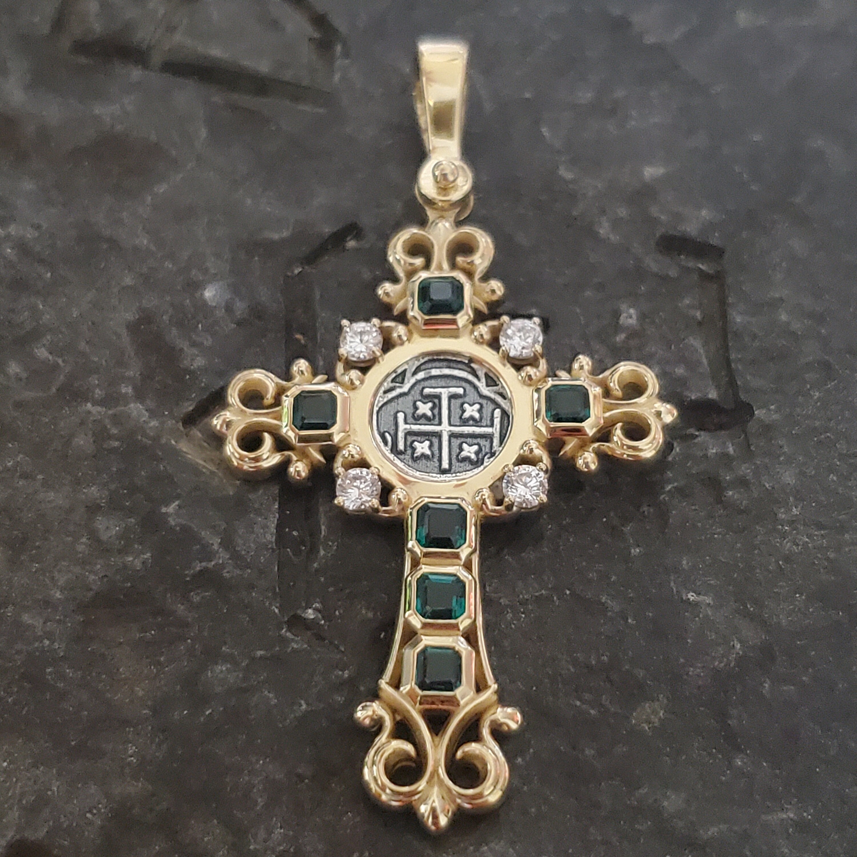 Atocha Shipwreck Silver Coin Cross Pendant: 14kt Gold Vermeil, Green ...