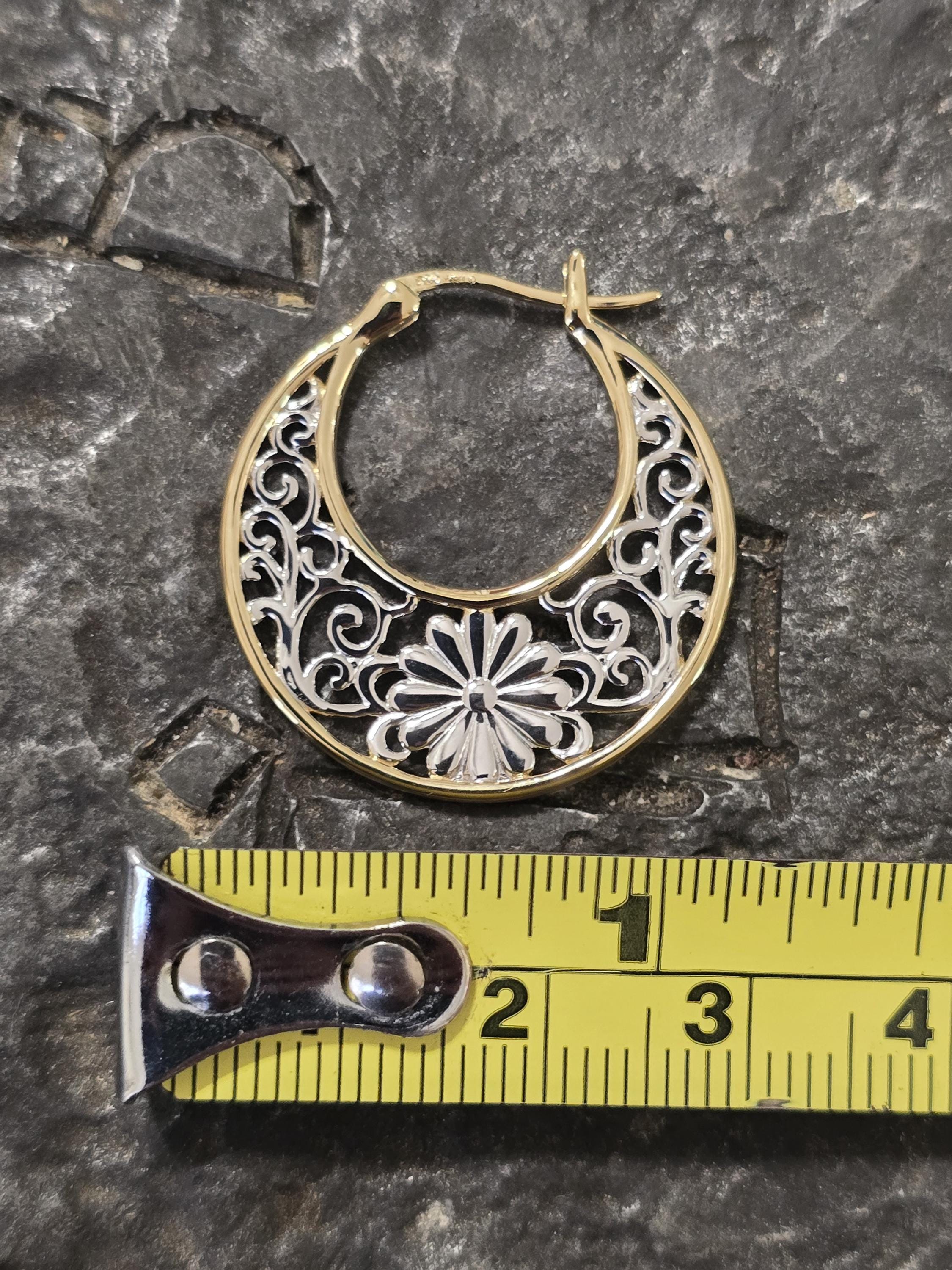 Cuban Earrings 14kt Gold Vermeil and Silver Two Tone Filigree Earrings ...