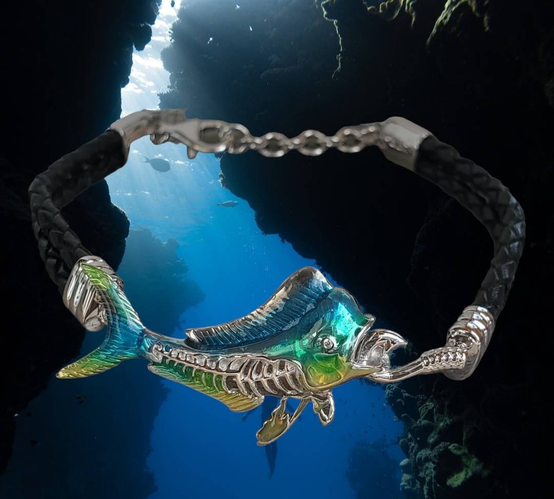 Skeleton Mahi Mahi Silver Leather Handmade Bracelet - Etsy