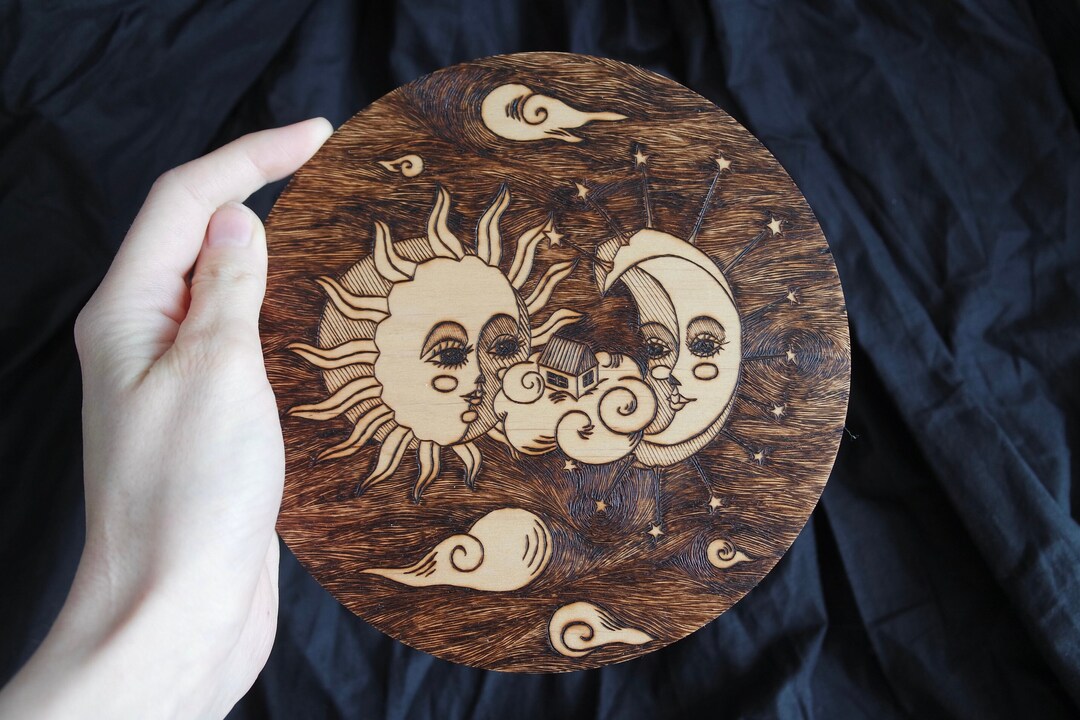 Moon and Sun Face Wall Art Wood Burning Art, Pyrography Original Wood ...