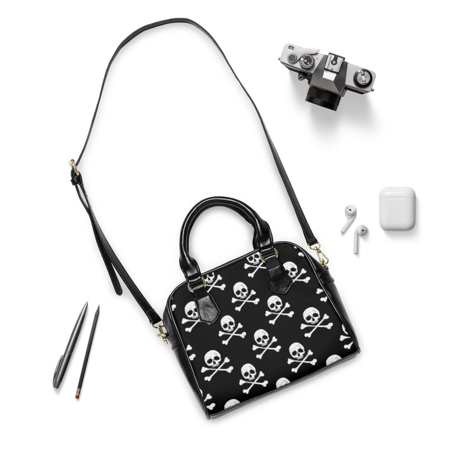 Skull & Bones Shoulder Handbag Pirate Purse Gothic Handbag PU Vegan ...