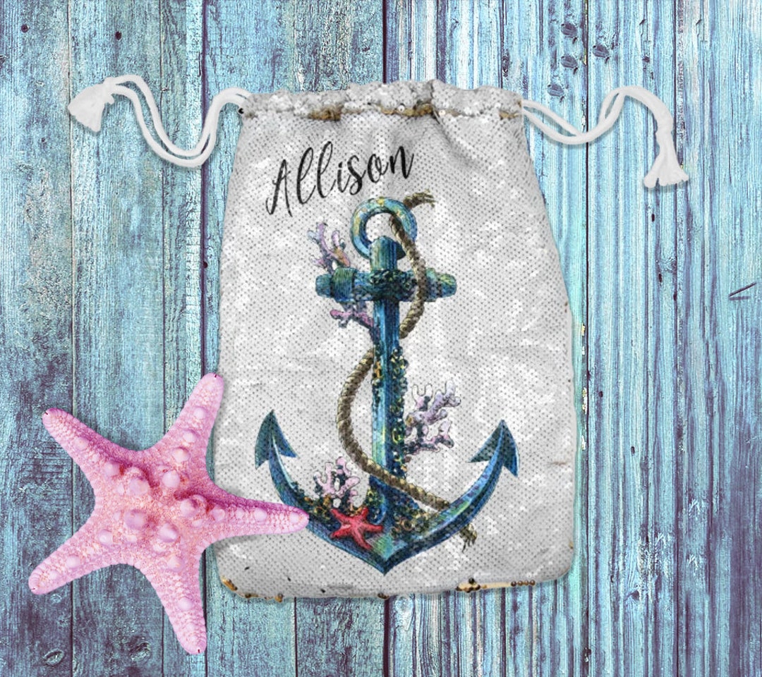 Personalized Anchor Sequin Reversible Pull String Bag Anchor Cosmetic ...