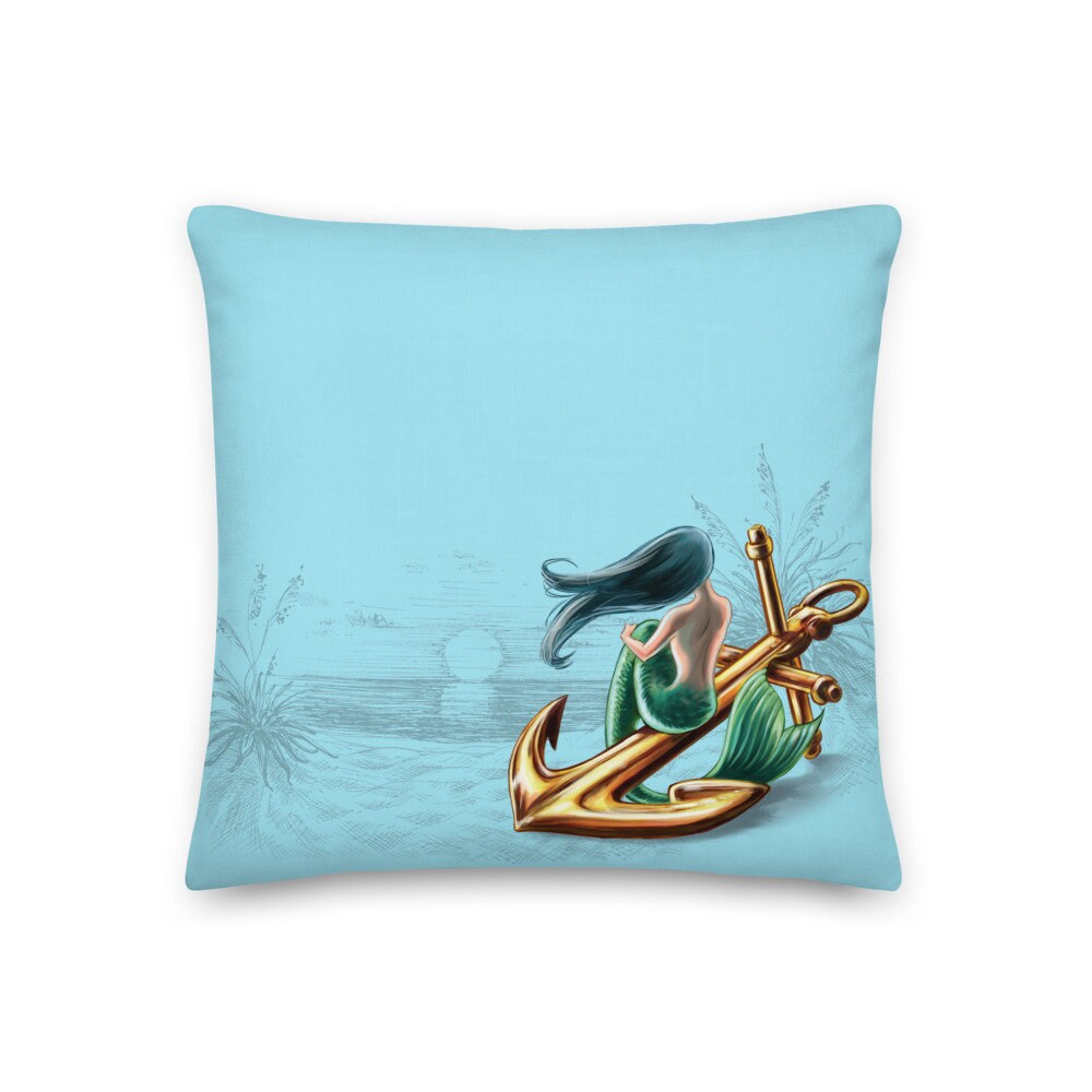 Personalized Sunset Mermaid on Anchor Premium Pillow, Mermaid Pillow ...