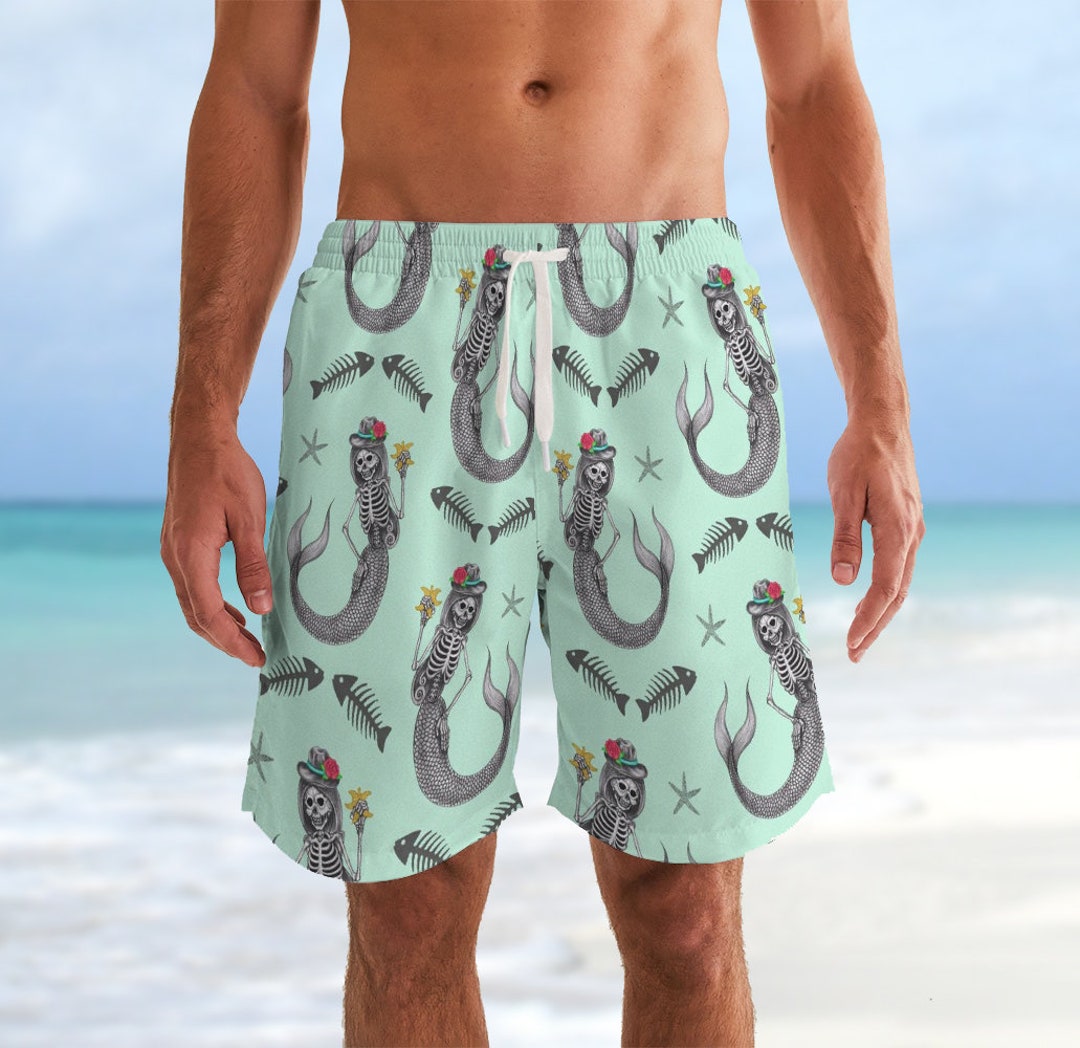 Men's Skeleton Mermaid Swim Trunk Drawstring Shorts With Pockets Long ...