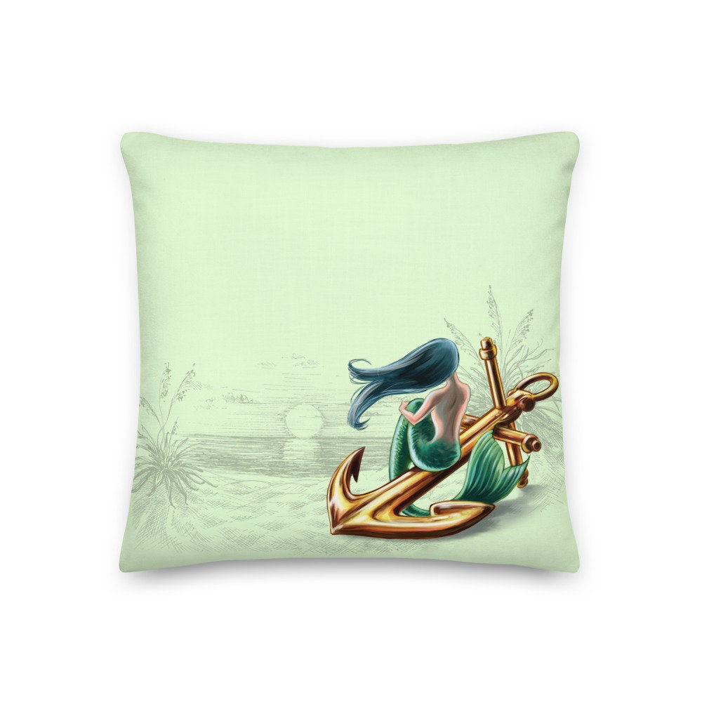 Personalized Sunset Mermaid on Anchor Premium Pillow, Mermaid Pillow ...