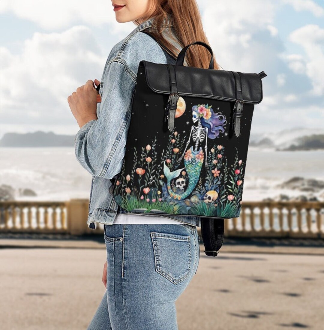 Dia De Muertos Skeleton Mermaid Casual Flap Backpack Back to School ...