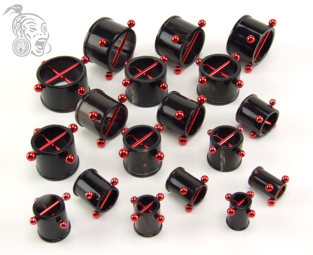 Buffalo Horn Tunnel Plugs, Insert of Balls and Bars in Red Anodized ...